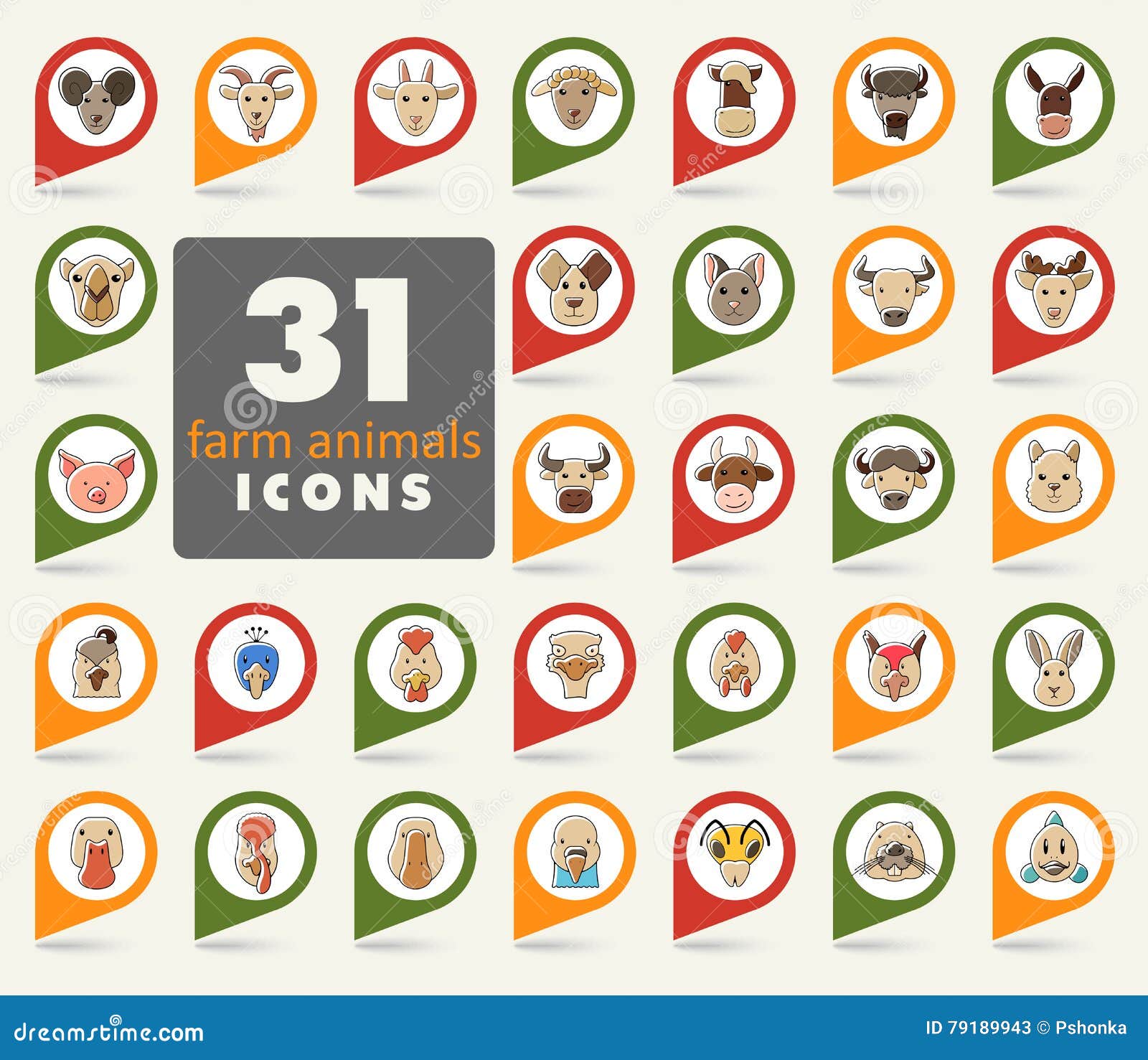Farm Animals Flat Pin Map Icon Set. Vector Head | CartoonDealer.com ...