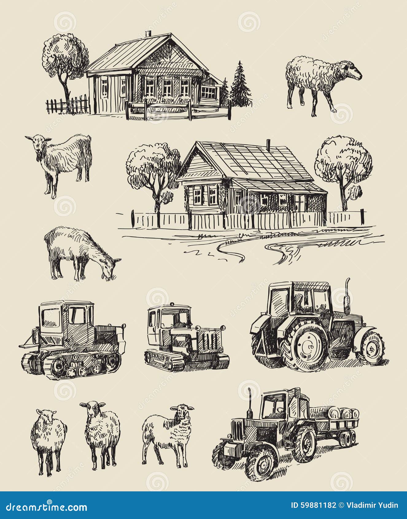 Farm and Animals Hand Drawn Stock Vector - Illustration of architecture ...