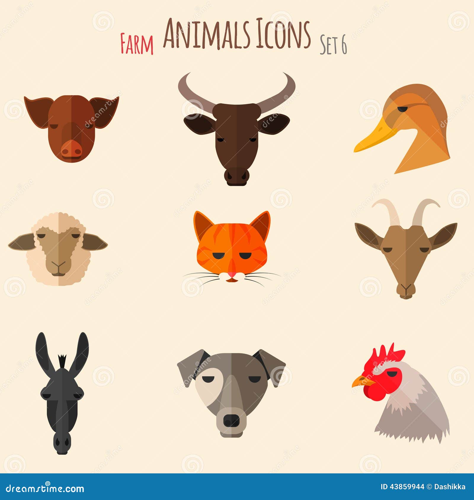 Farm Animals Icons with Flat Design Stock Illustration - Illustration ...