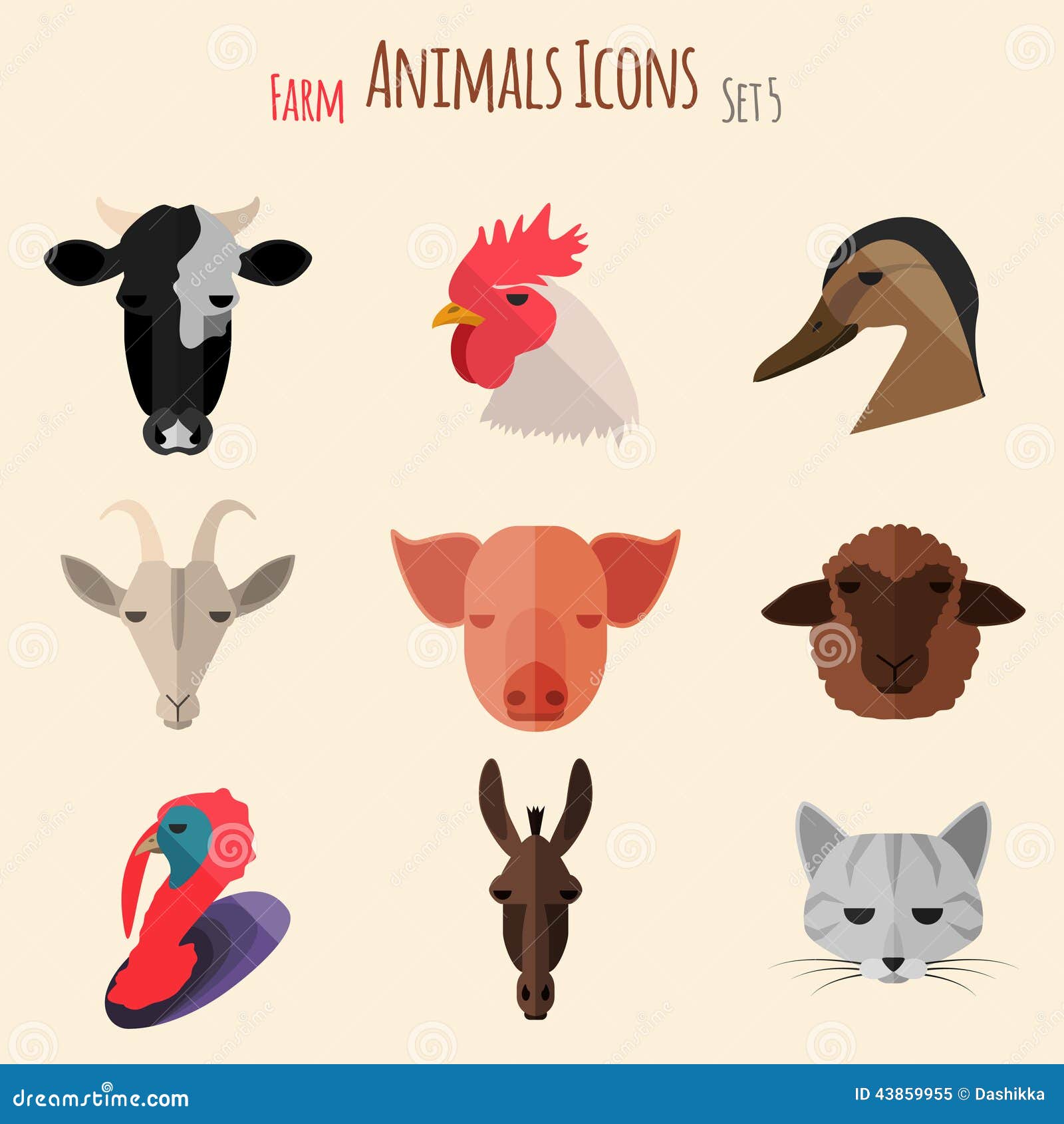 Farm Animals Icons with Flat Design Stock Vector - Illustration of ...