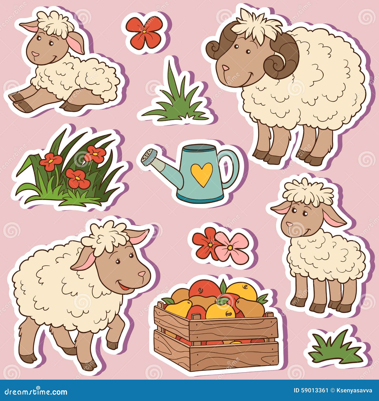 Farm Animals Set, Vector Stickers with Sheep Family Stock Vector ...