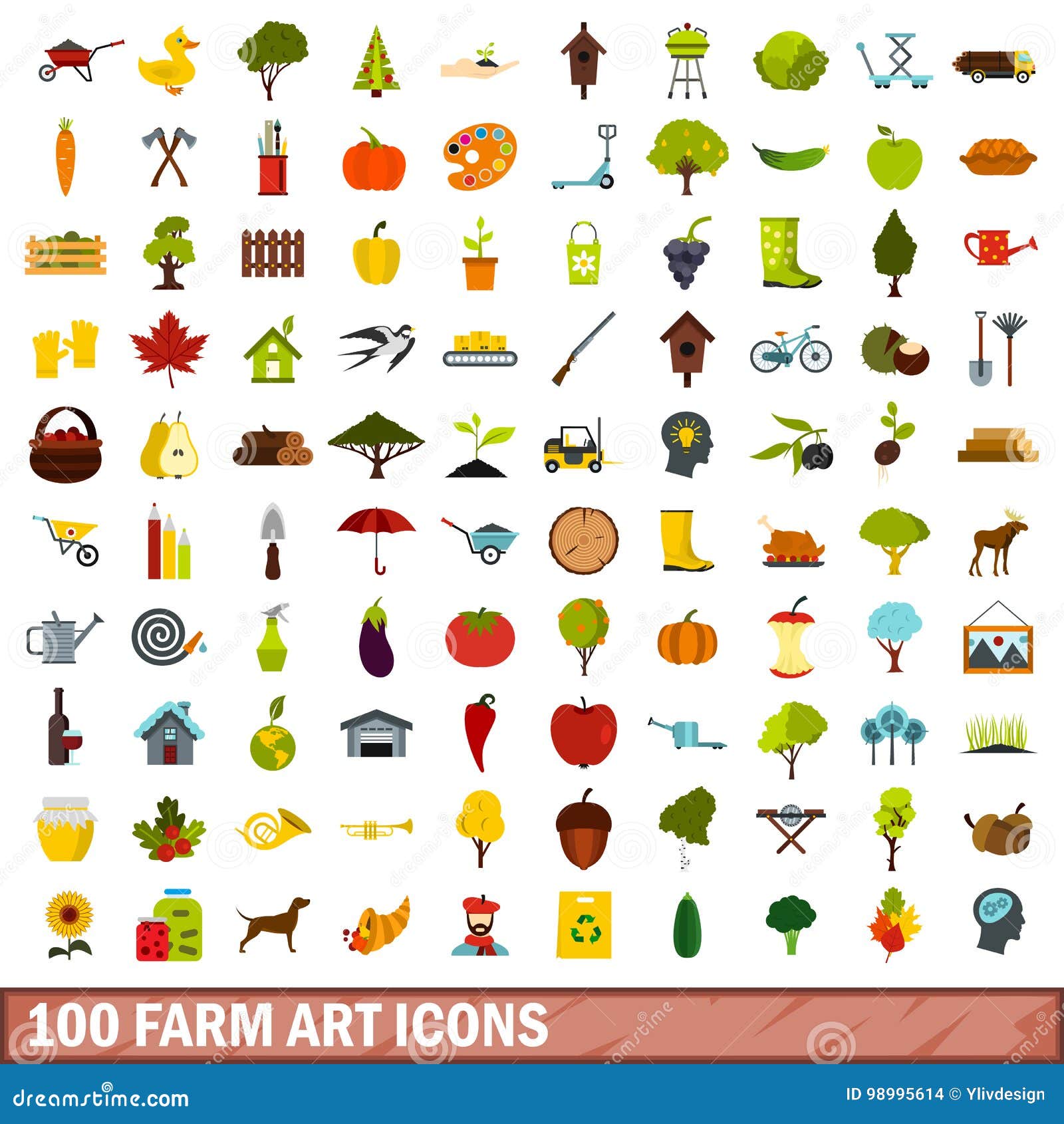 100 Farm Art Icons Set, Flat Style Stock Vector - Illustration of ...