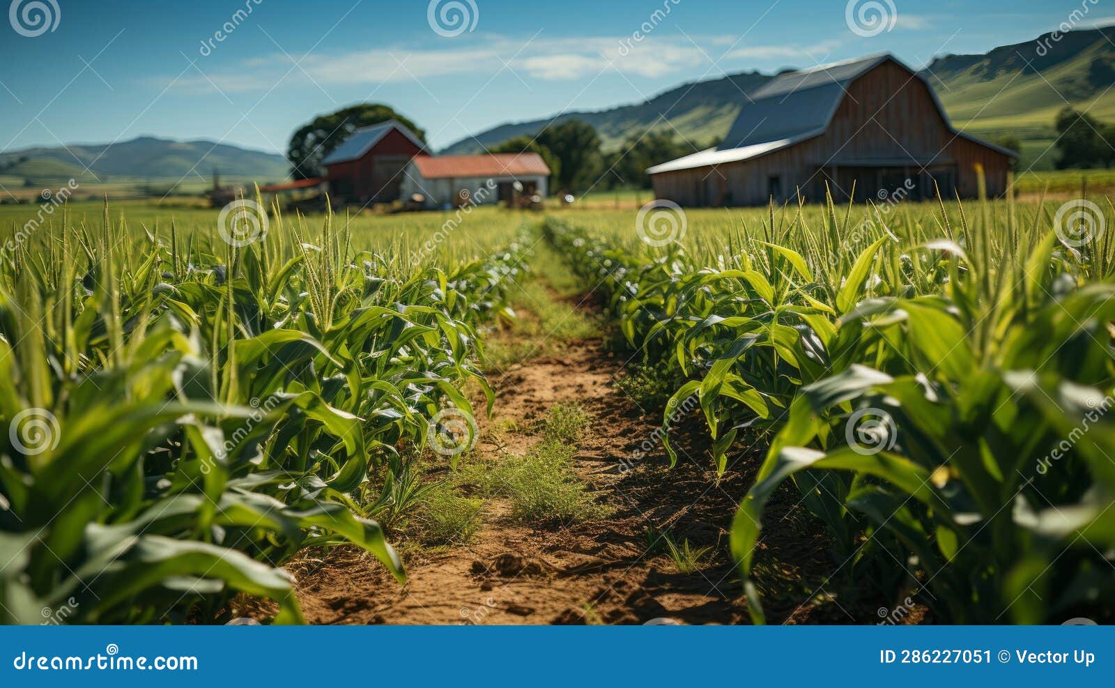 A Farm with a Barn and Corn Field. Generative AI. Stock Illustration ...