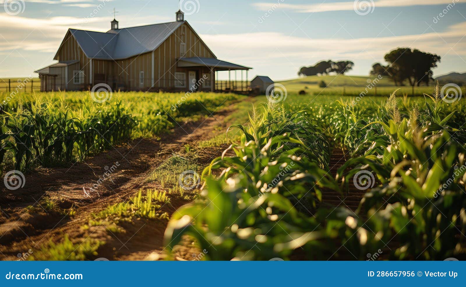 A Farm with a Barn and Corn Field. Generative AI. Stock Photo - Image ...