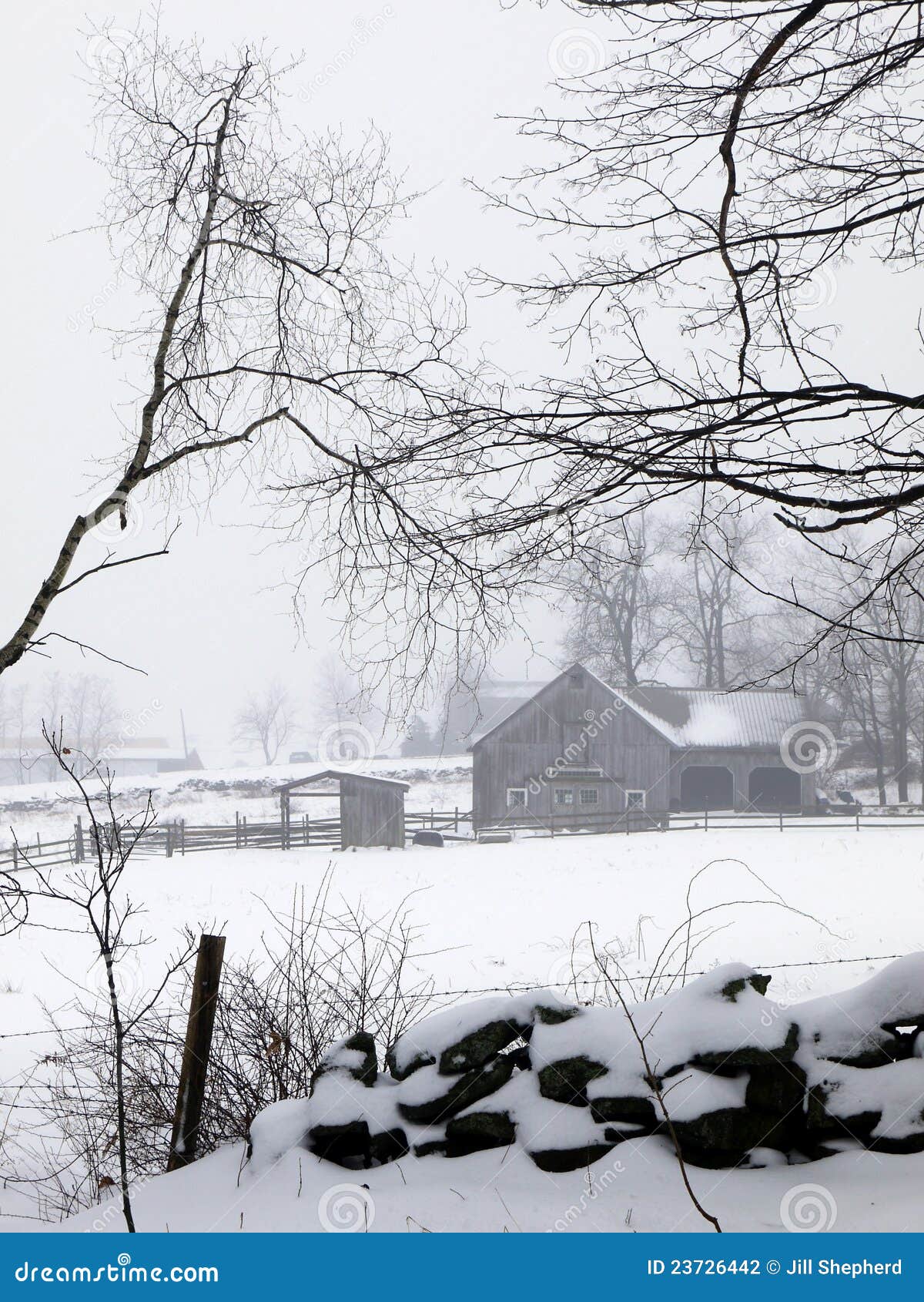 Farm: Winter Barn Fog and Snow - V Stock Photo - Image of buildings ...