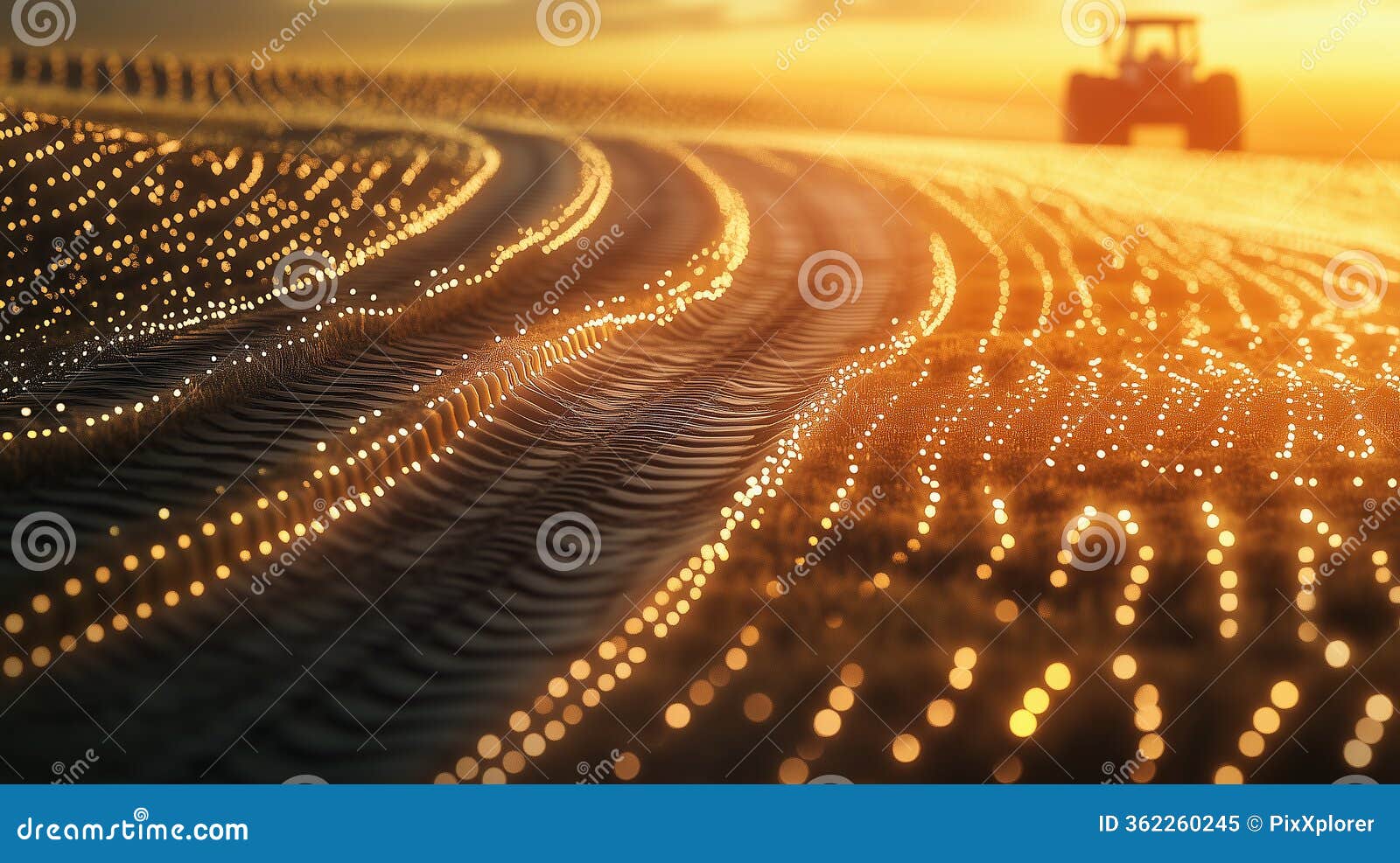 Farm Field with Tire Tracks Illuminated by Rows of Small Lights ...