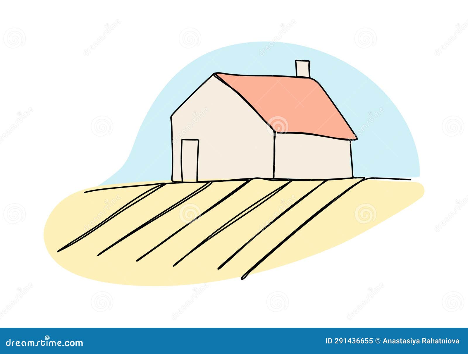 Farm and Fields One Line Drawing Colored with Pastel Colors. Vector ...