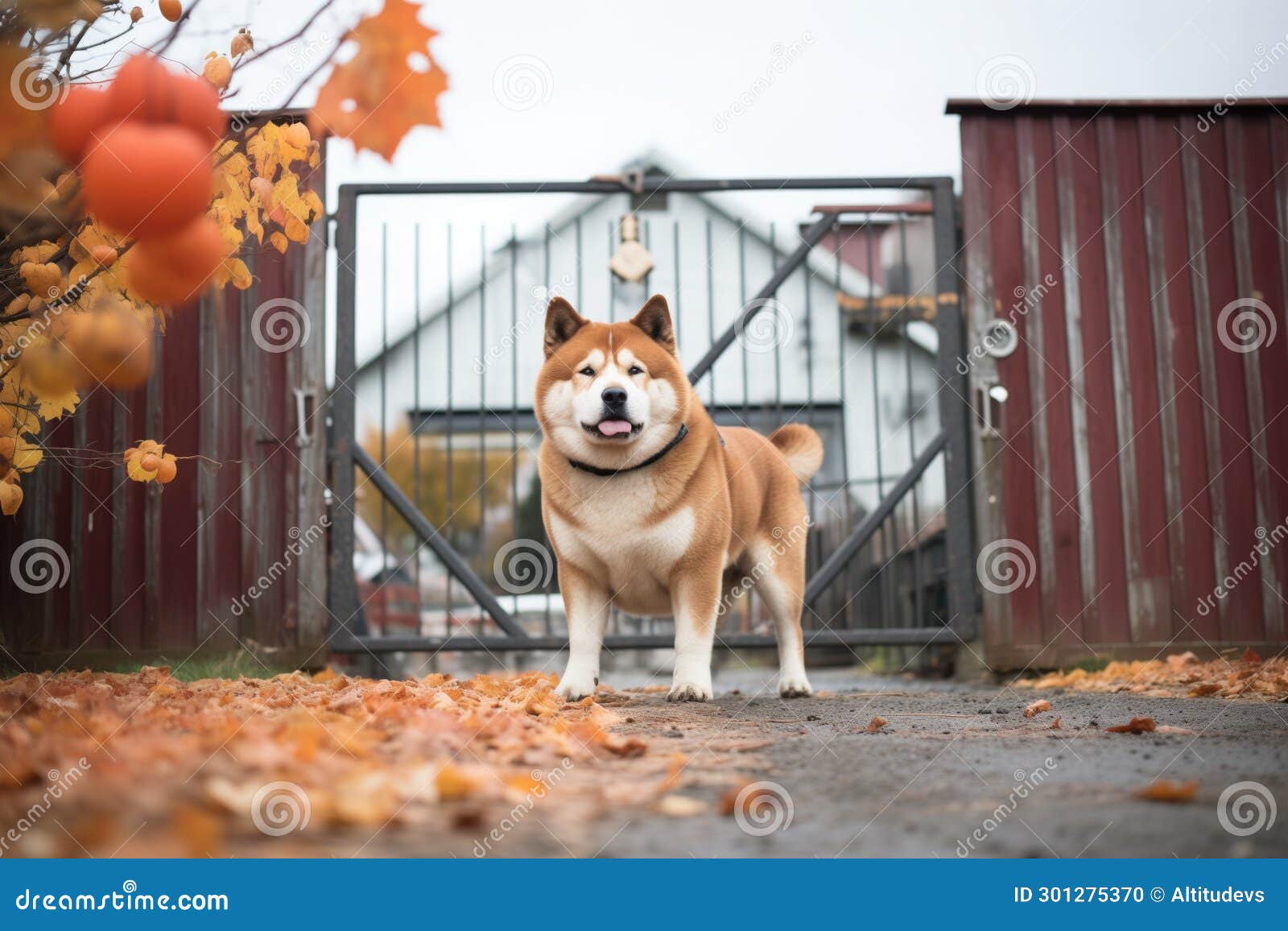 Farm Gate with Akita Standing Guard Stock Illustration - Illustration ...