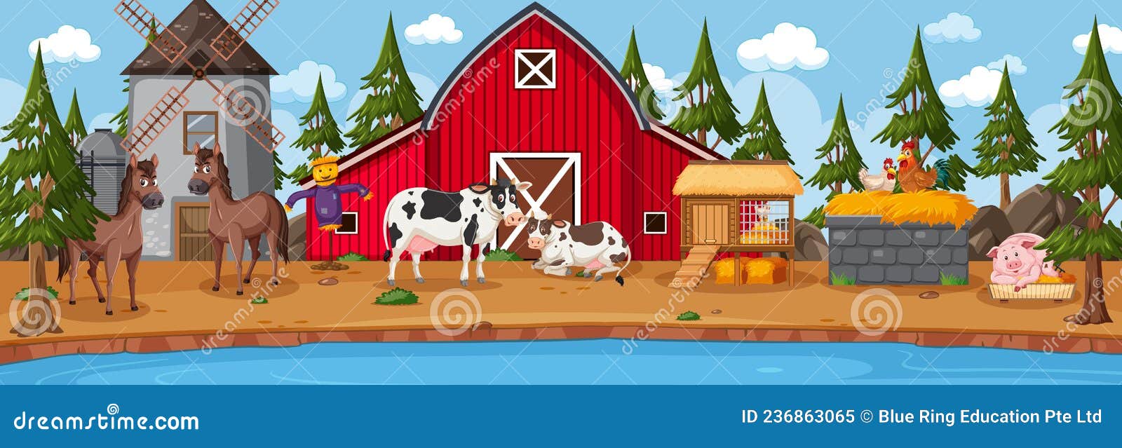 Farm Horizontal Landscape Scene with Farm Animals Stock Vector ...