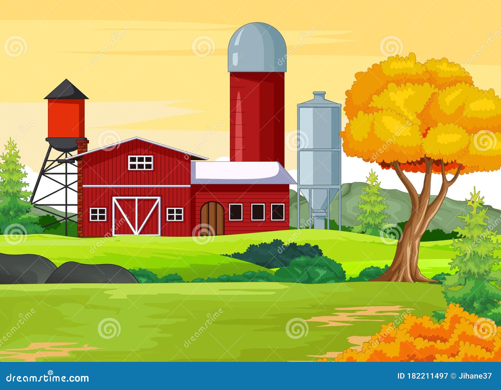 Farm House with Autumn Forest Background Stock Illustration ...