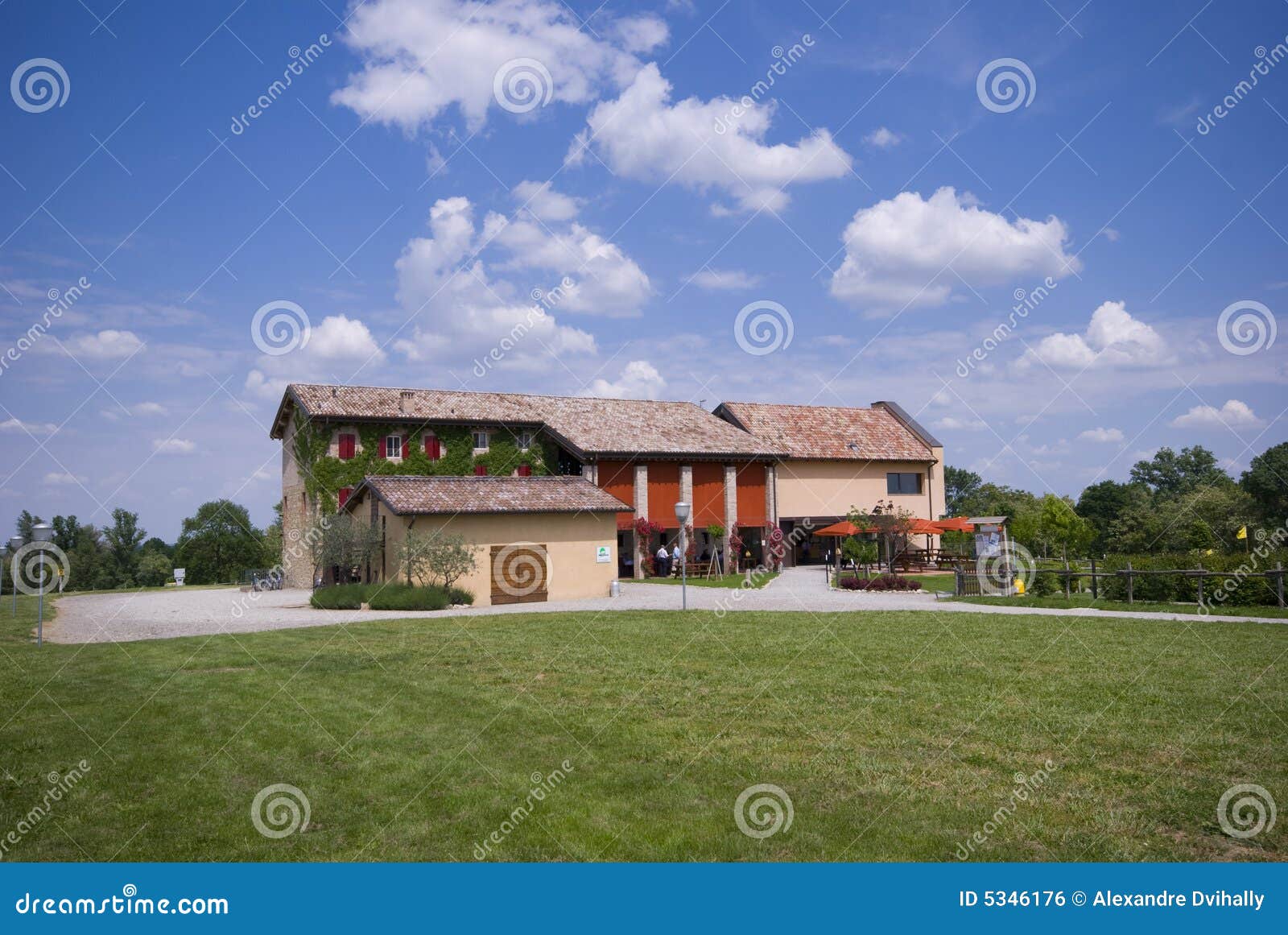The Farm House with Green Grass Stock Photo - Image of cloud ...