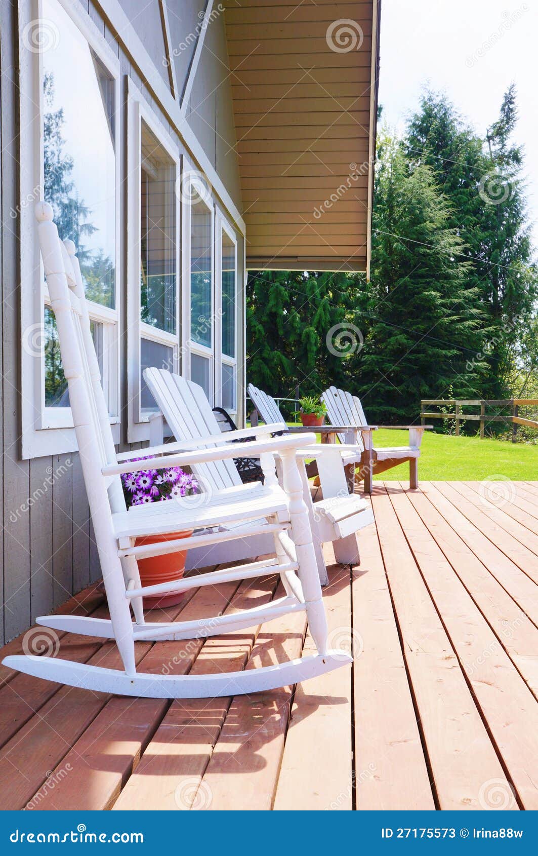 Farm House Open Front Deck with White Chairs. Stock Image - Image of ...