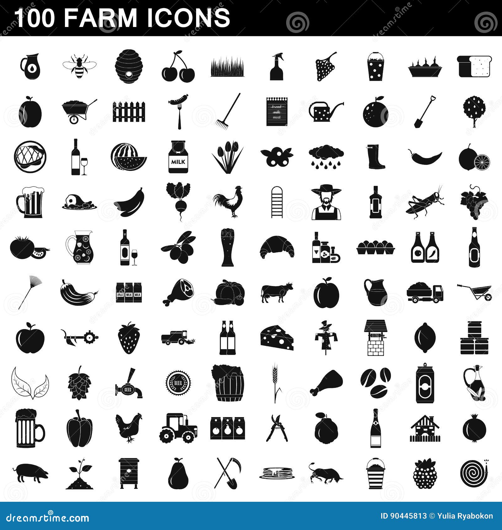 100 Farm Icons Set, Simple Style Stock Vector - Illustration of nature ...