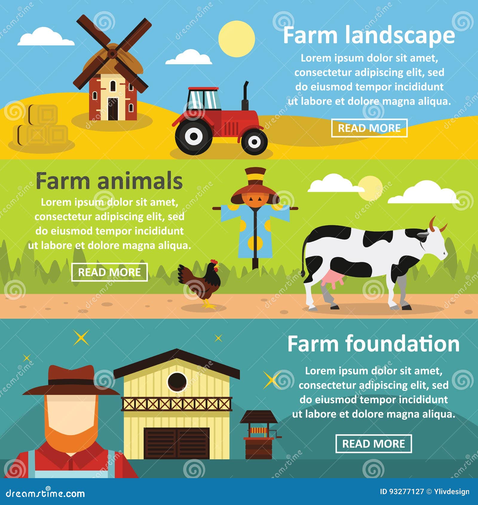 Farm Landscape Banner Horizontal Set, Flat Style Stock Vector ...