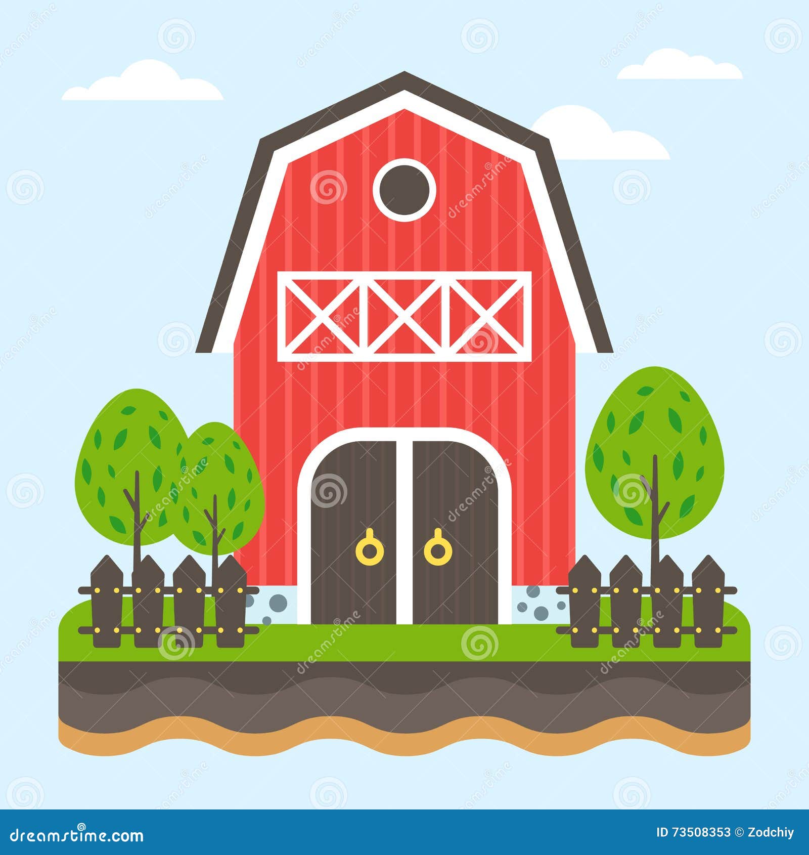 Farm Landscape. the Barn in Front View Surrounded by Trees. Ground Cut ...