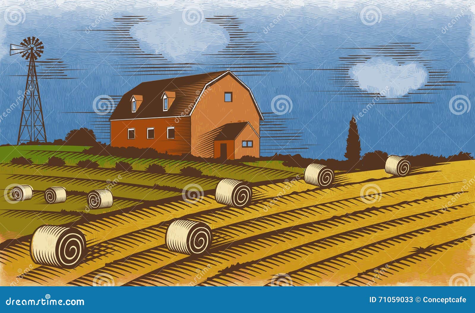 Farm Landscape. Engraved Color Vector Illustration. Stock Vector ...