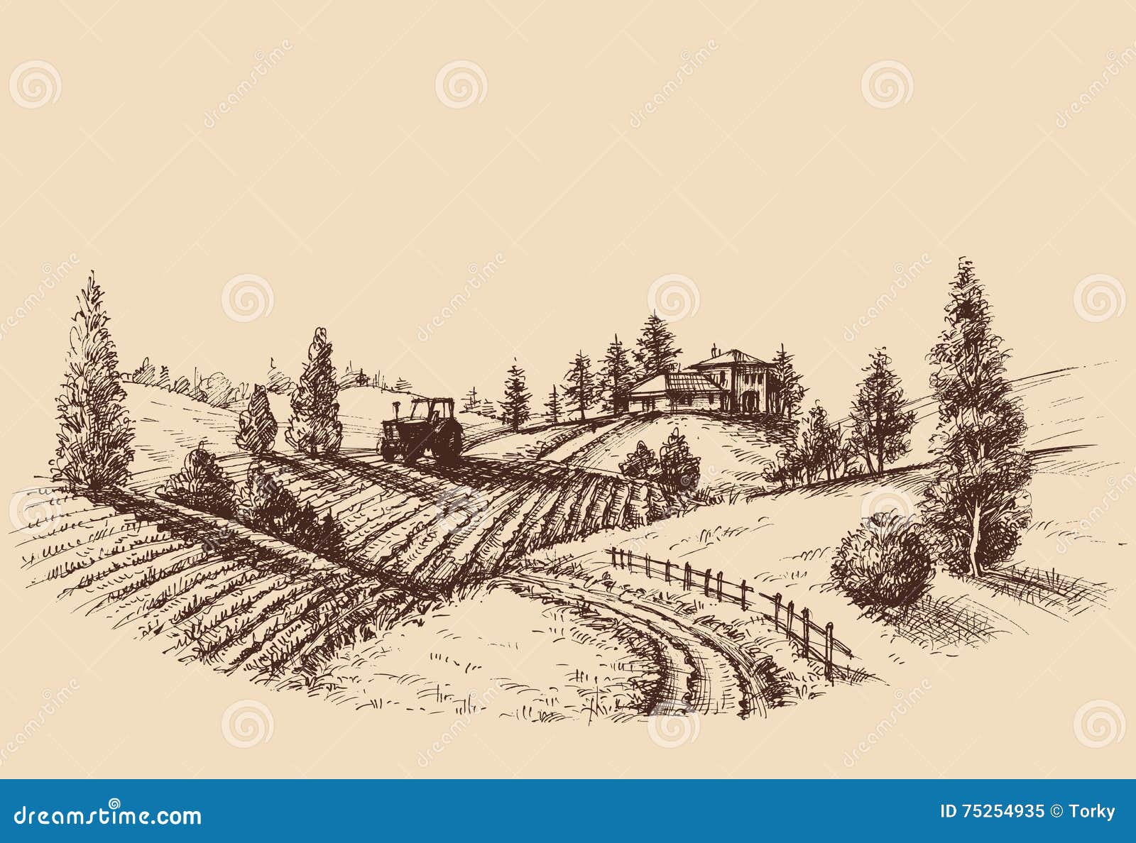 Farm landscape etch stock vector. Illustration of grow - 75254935