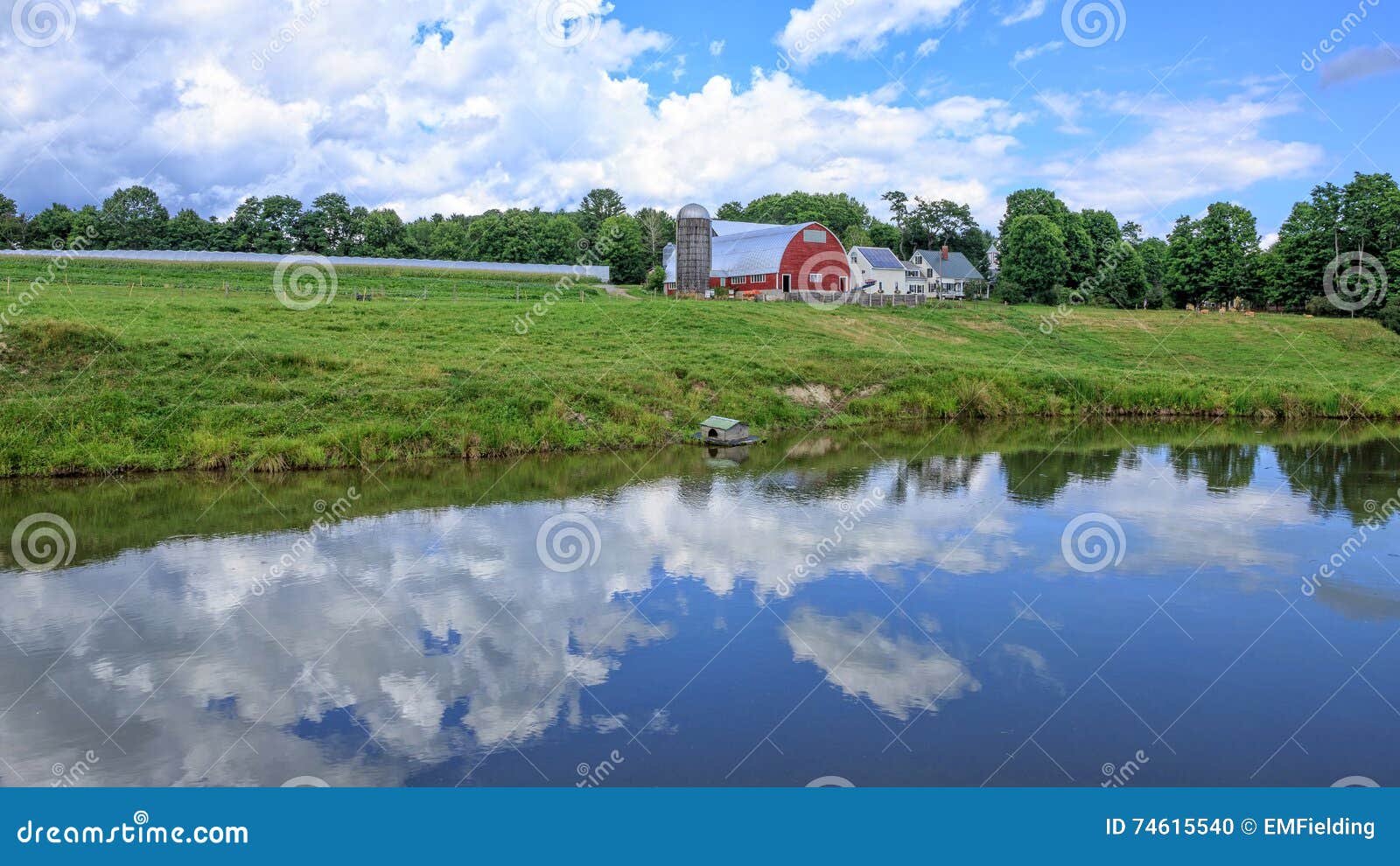 Farm Landscape with pond stock photo. Image of reflection - 74615540