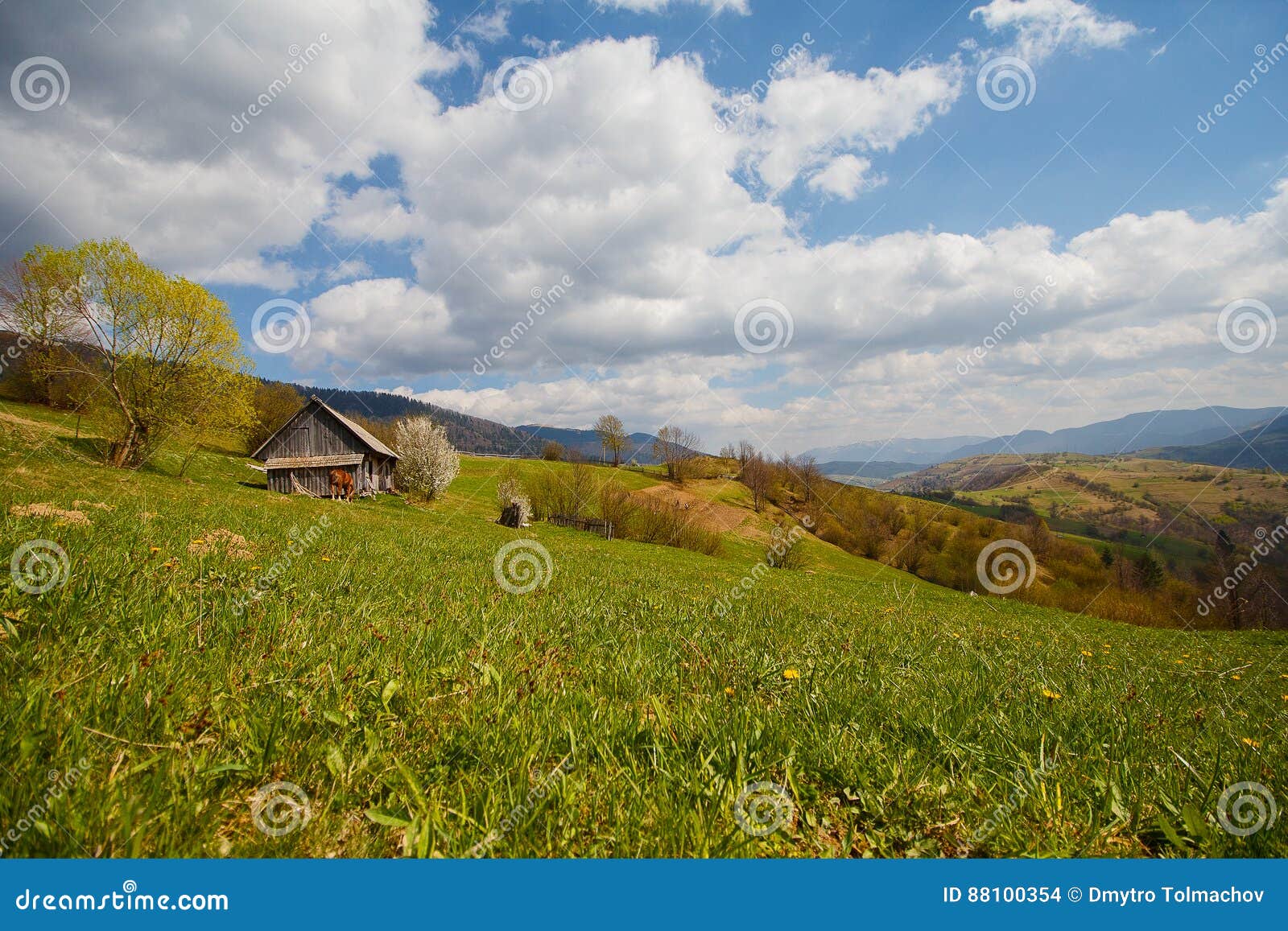 Farm and Mountain Panorama in Early Spring Stock Photo - Image of ...
