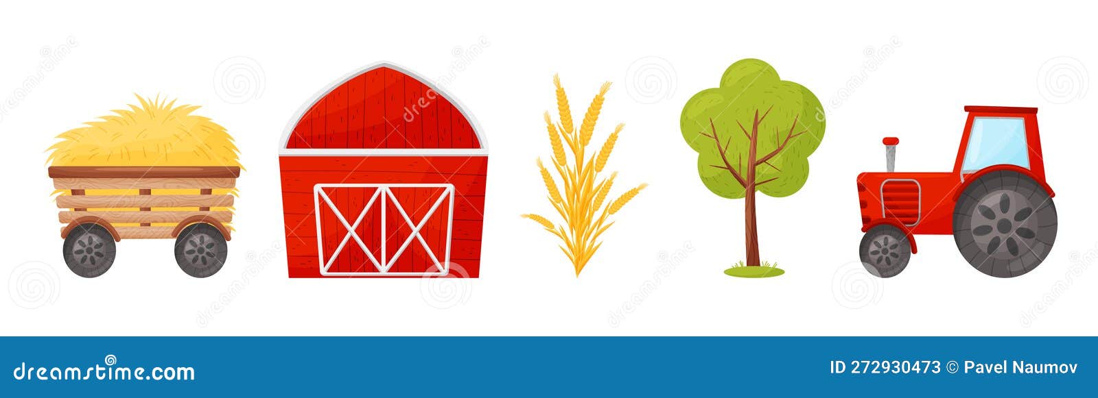 Farm Object with Hay Wagon, Barn, Tree and Tractor Vector Set Stock ...