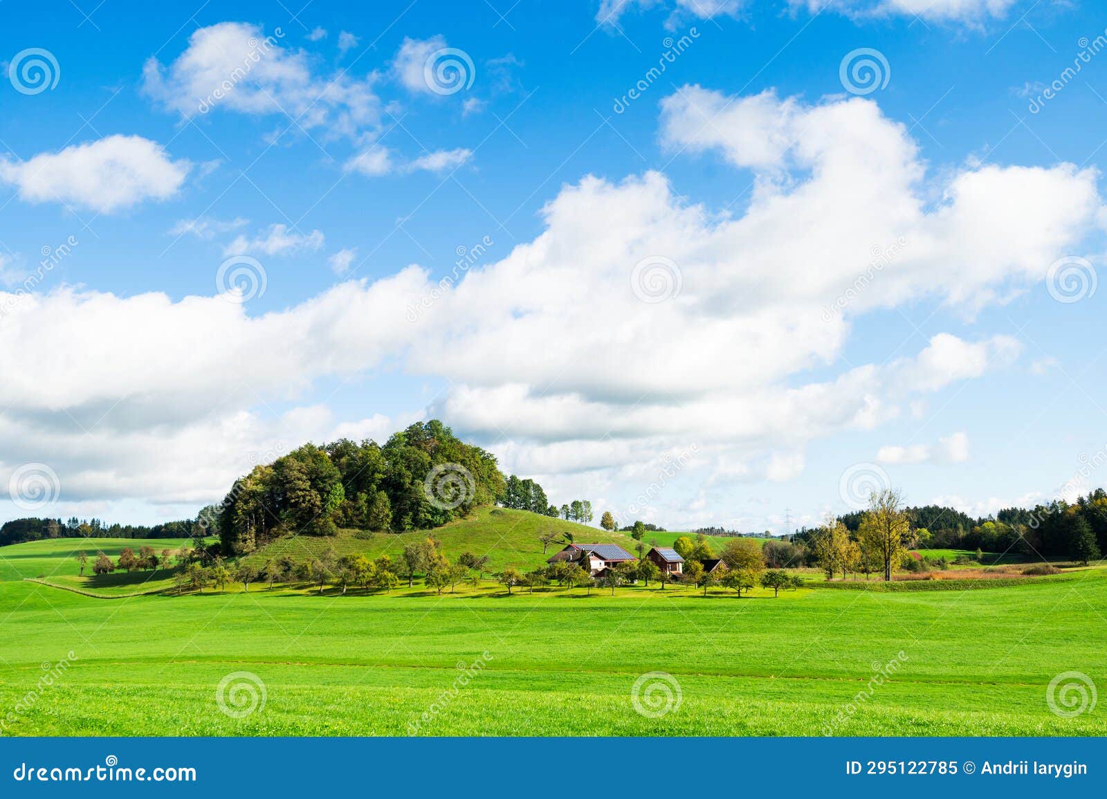 Farm and Pastures, Green Fields and Hill with Trees Stock Image - Image ...