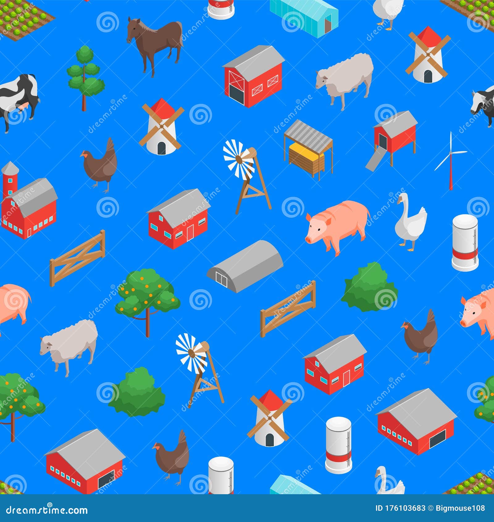 Farm Rural Concept Seamless Pattern Background 3d Isometric View ...