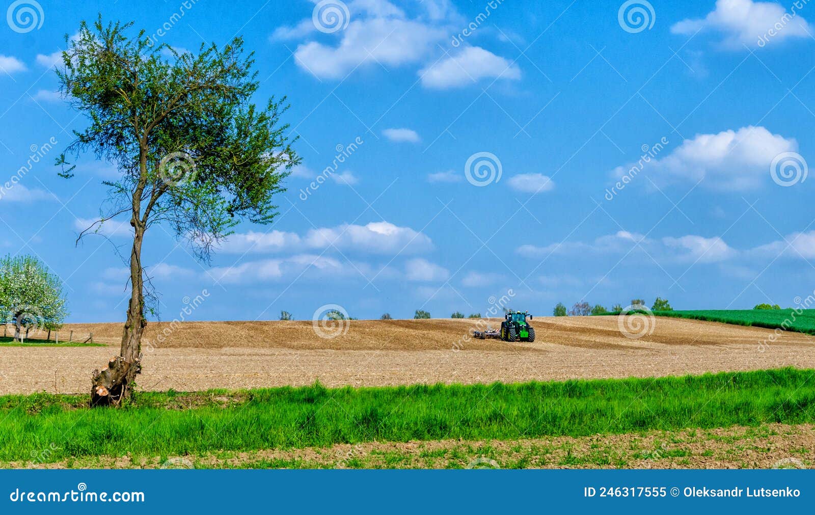 Farm Rural Landscape with Tractor on the Field Stock Image - Image of ...