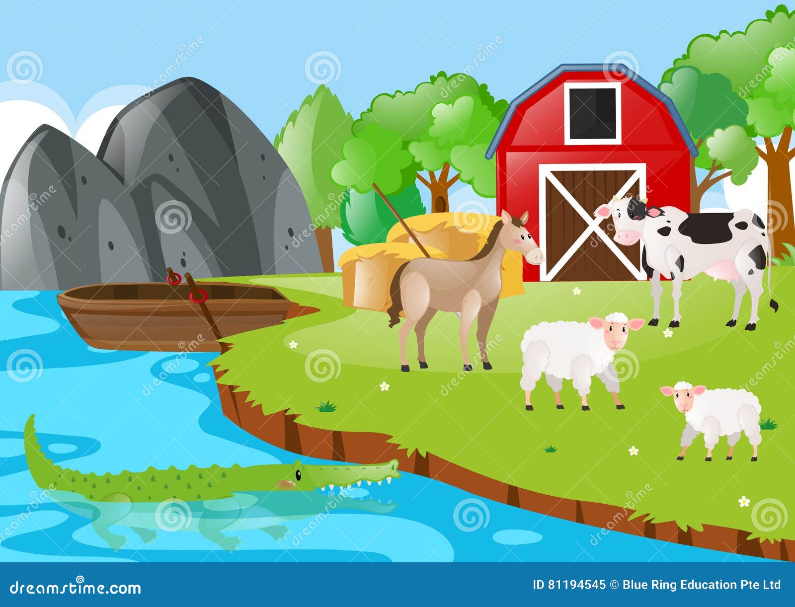 Farm Scene with Animals by the River Stock Vector - Illustration of ...