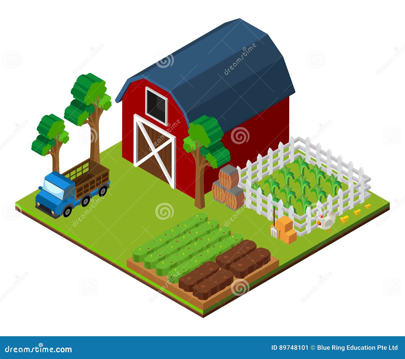 Farm Scene with Barn and Crops in 3D Design Stock Vector - Illustration ...