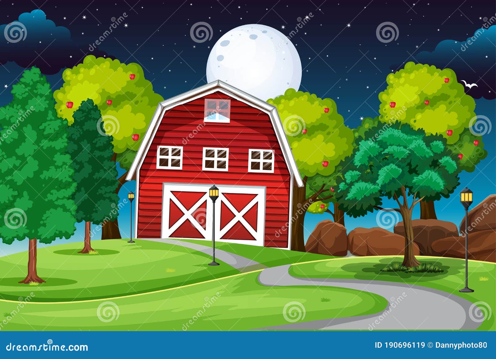 Farm Scene with Barn and Long Road at Night Stock Vector - Illustration ...