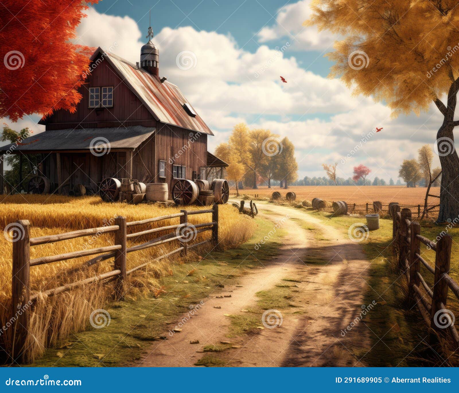 A Farm Scene with a Barn and Trees in the Background Stock Illustration ...