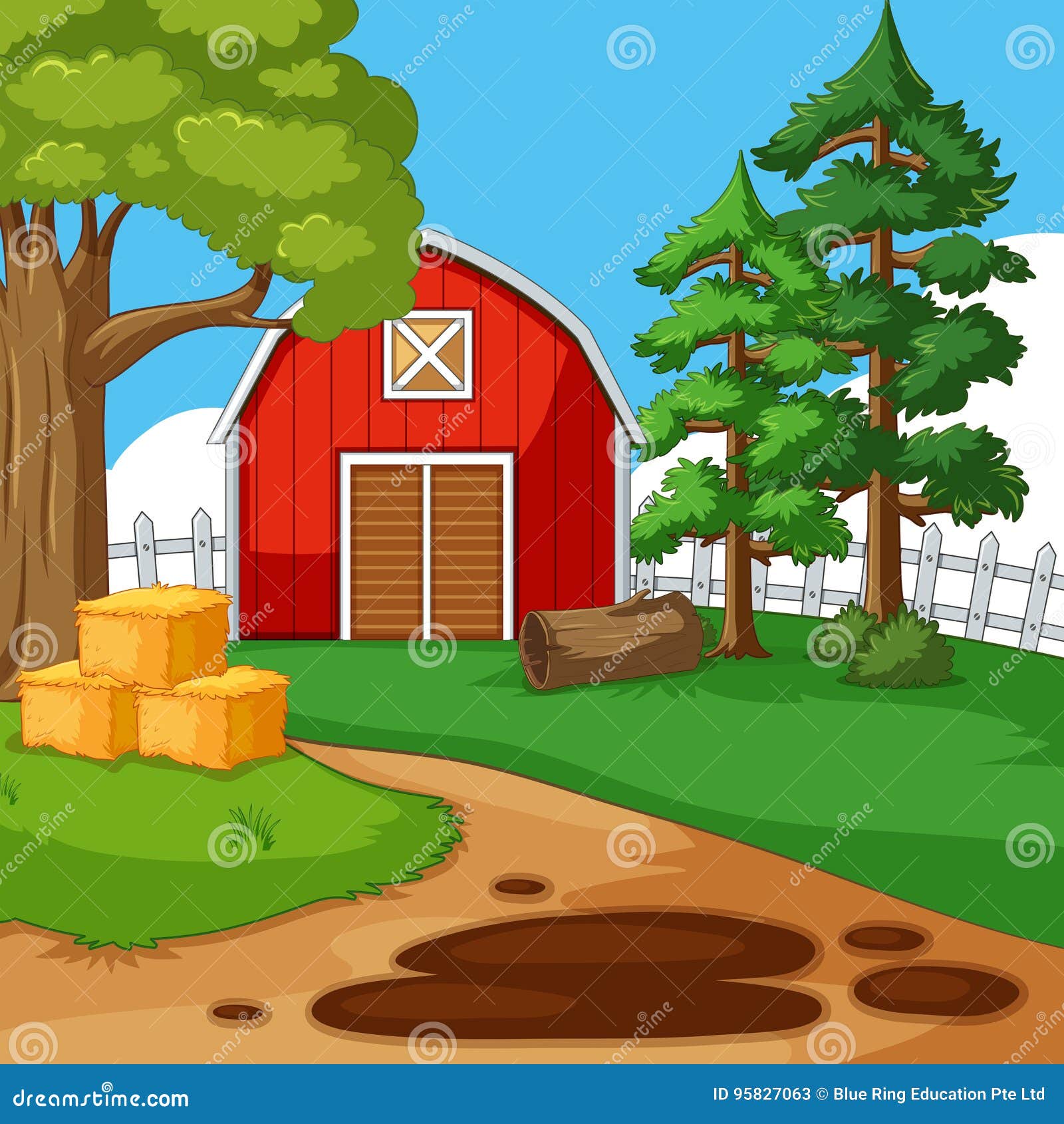 Farm Scene With Red Barn And Wooden Water Tower At Autumn Rural ...