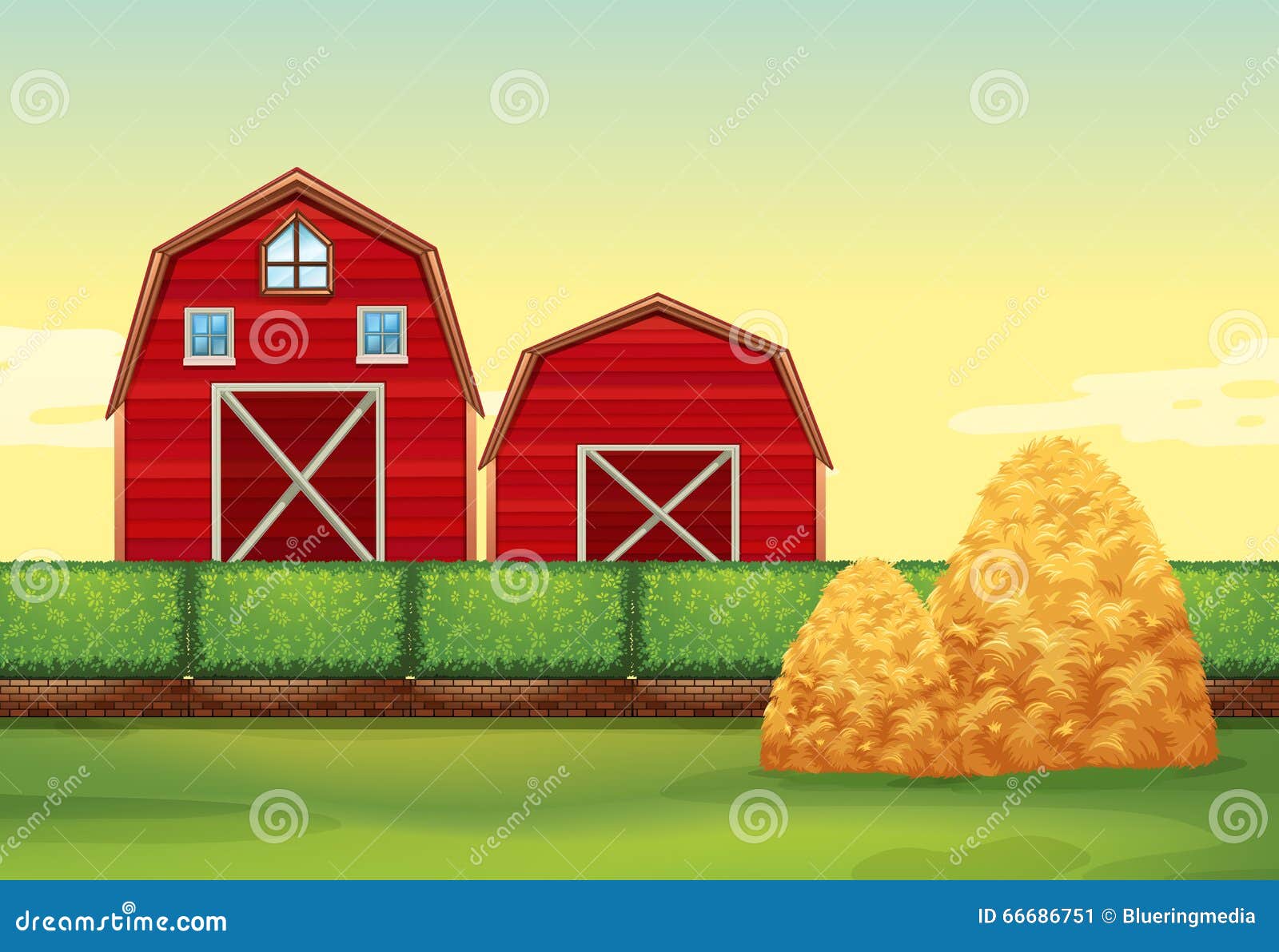 Farm Scene with Barns and Haystacks Stock Vector - Illustration of ...