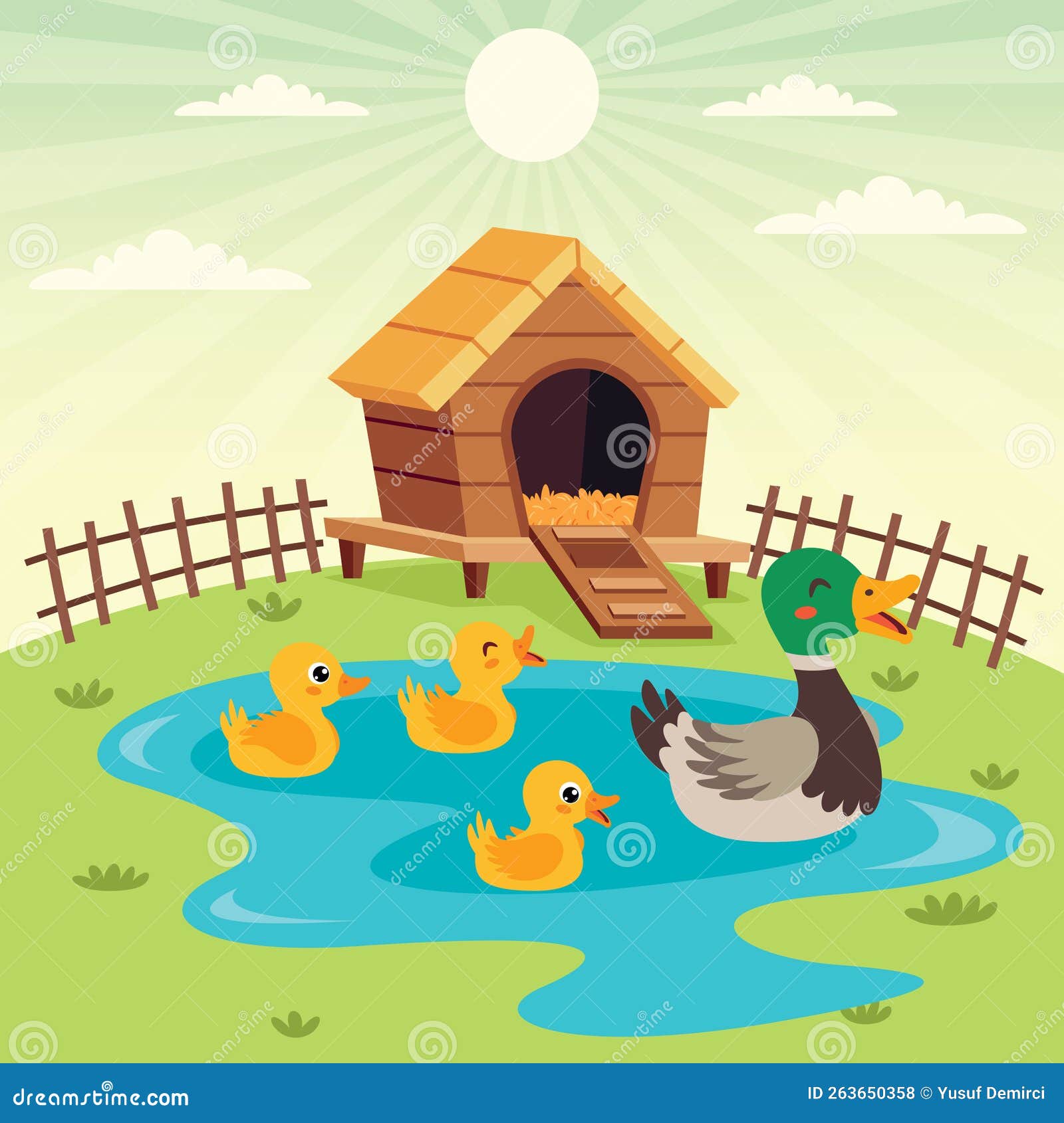 Farm Scene with Cartoon Animals Stock Vector - Illustration of meadow ...
