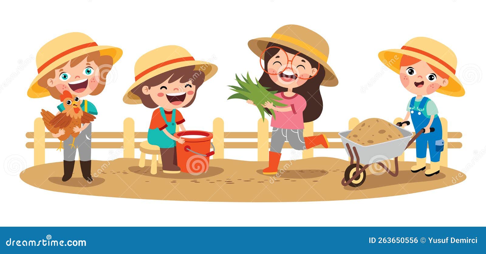 Farm Scene with Cartoon Kids Stock Illustration - Illustration of ...