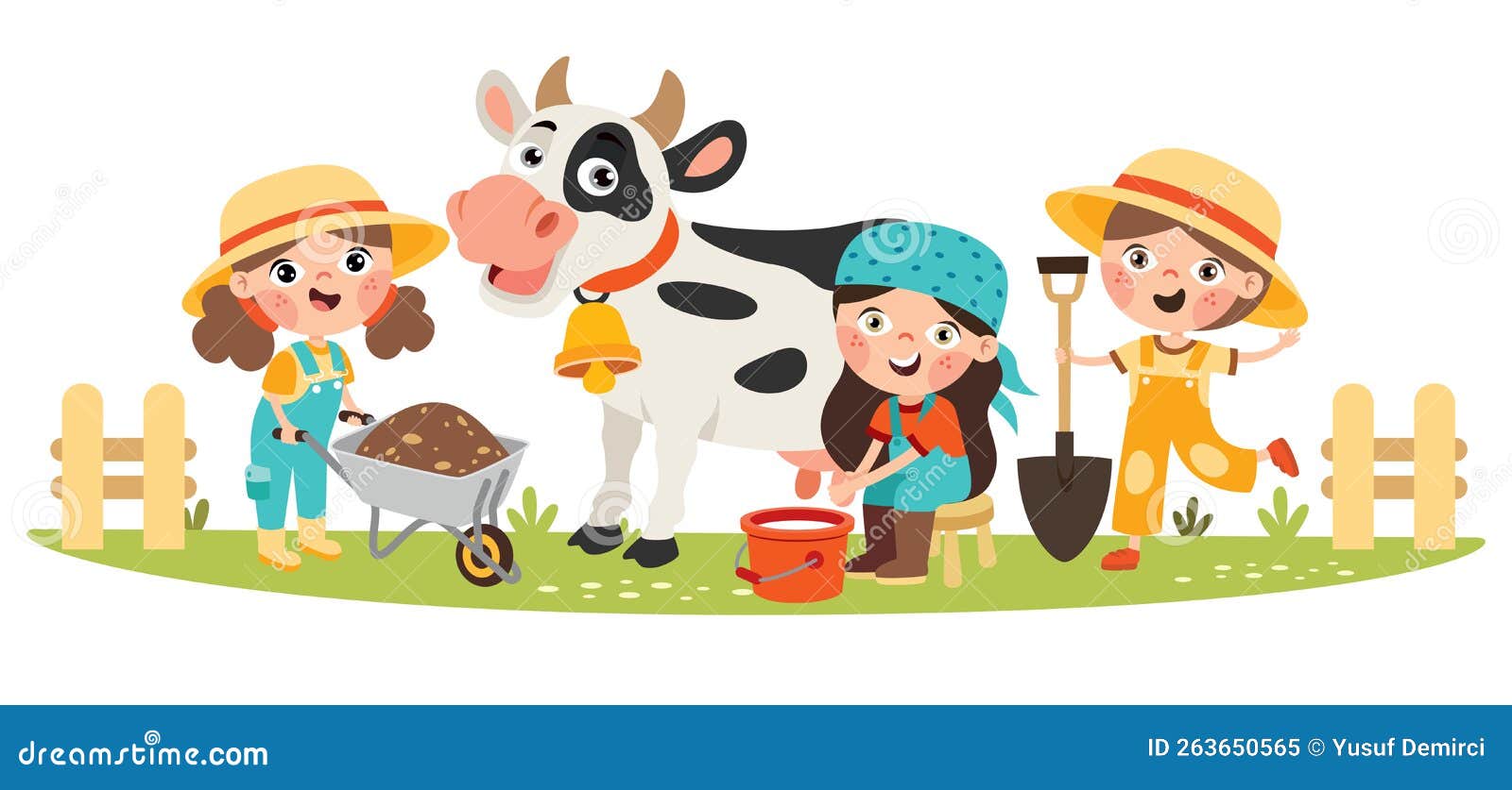 Farm Scene with Cartoon Kids Stock Illustration - Illustration of ...