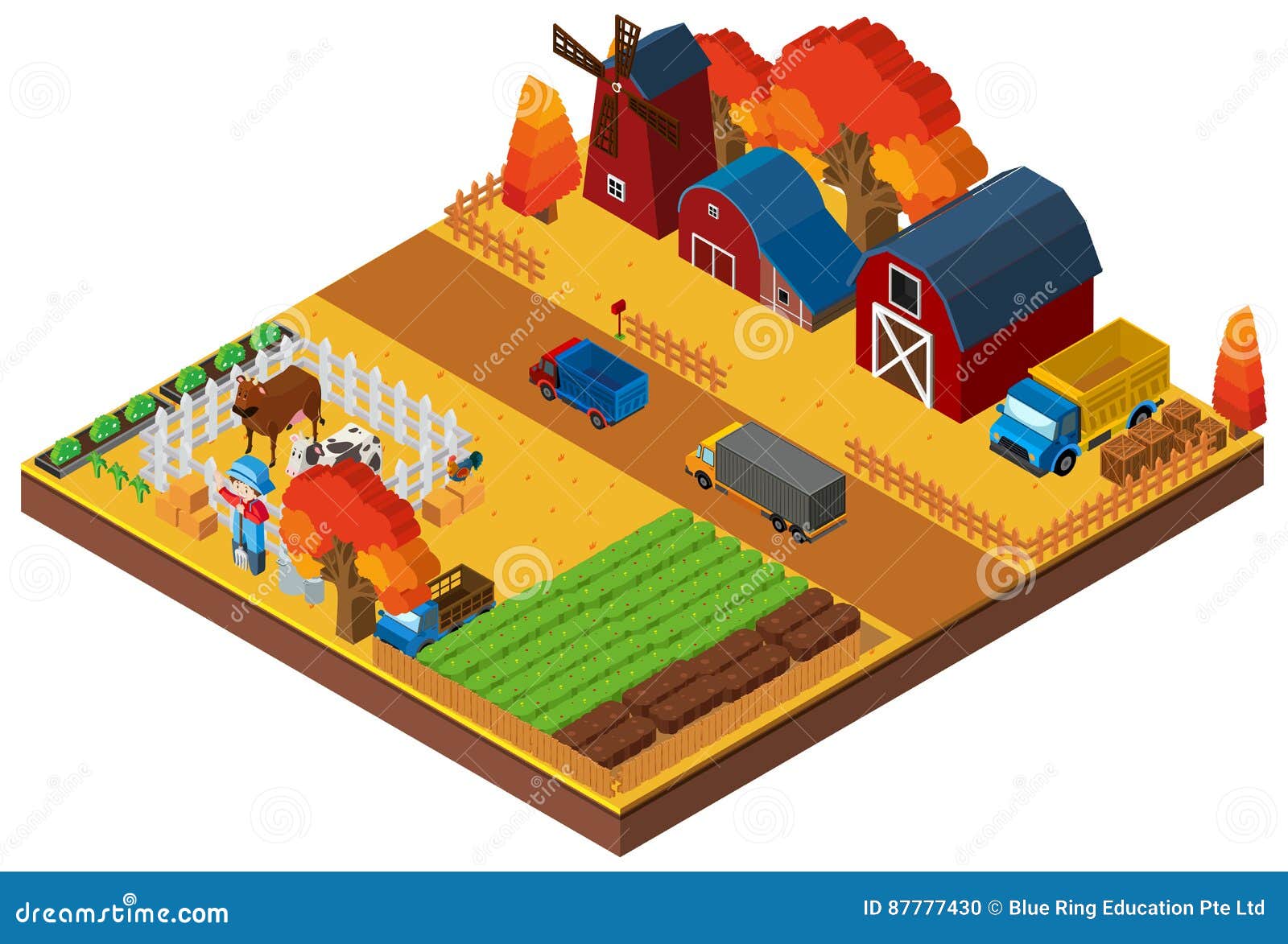 Farm Scene with Farmer and Barns in 3D Design Stock Vector ...