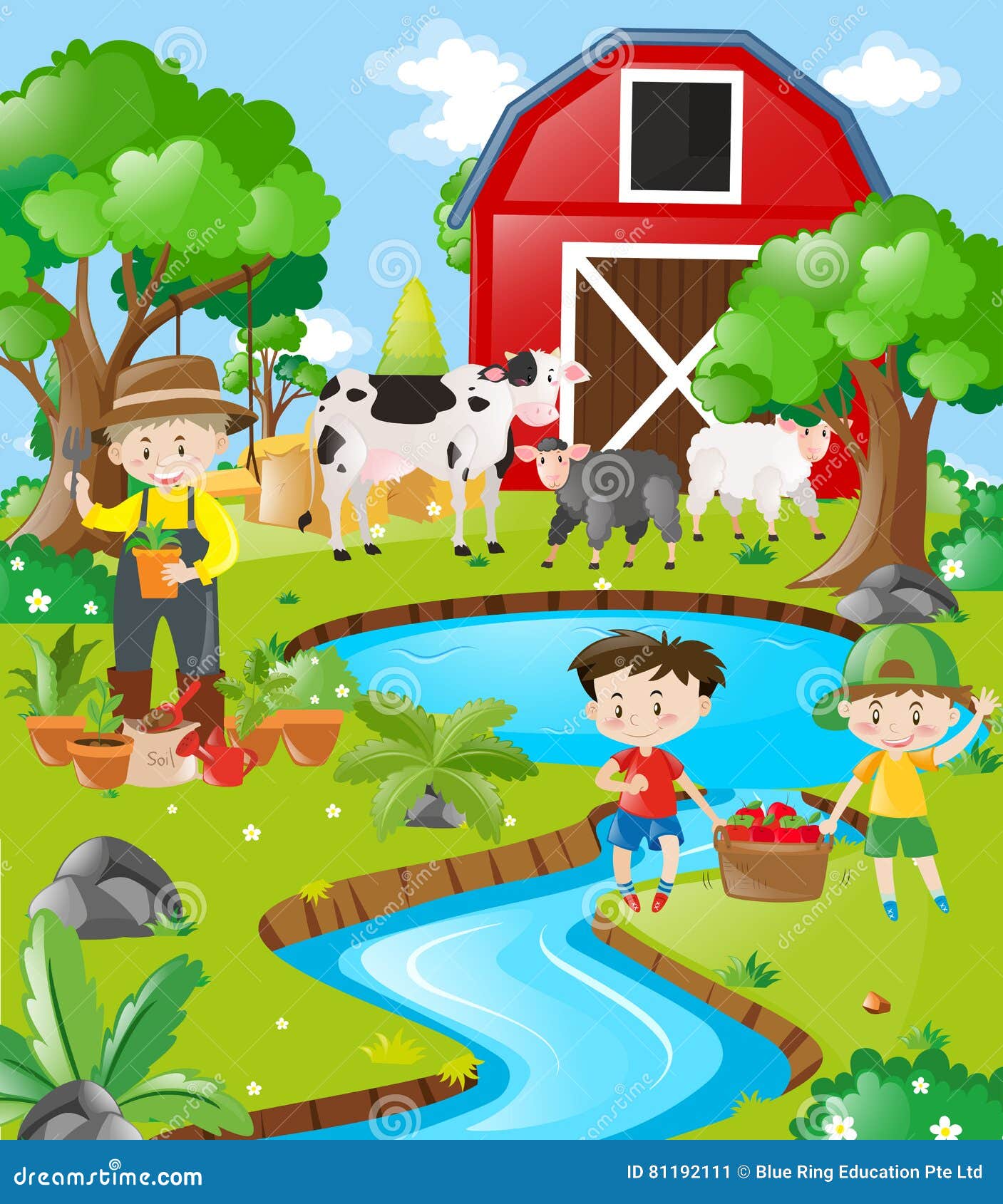 Farm Scene Farmer and Boys by the River Stock Illustration ...