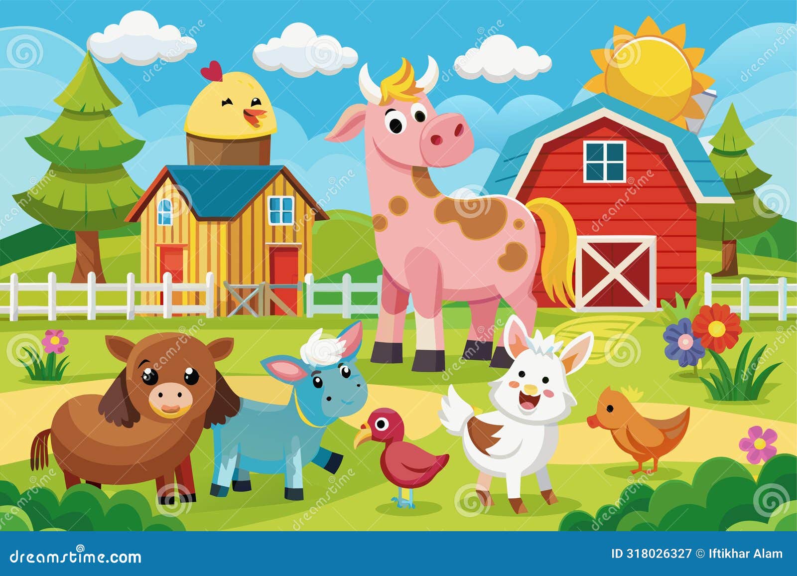 A Farm Scene Featuring Various Farm Animals in Front of a Barn, Farm ...