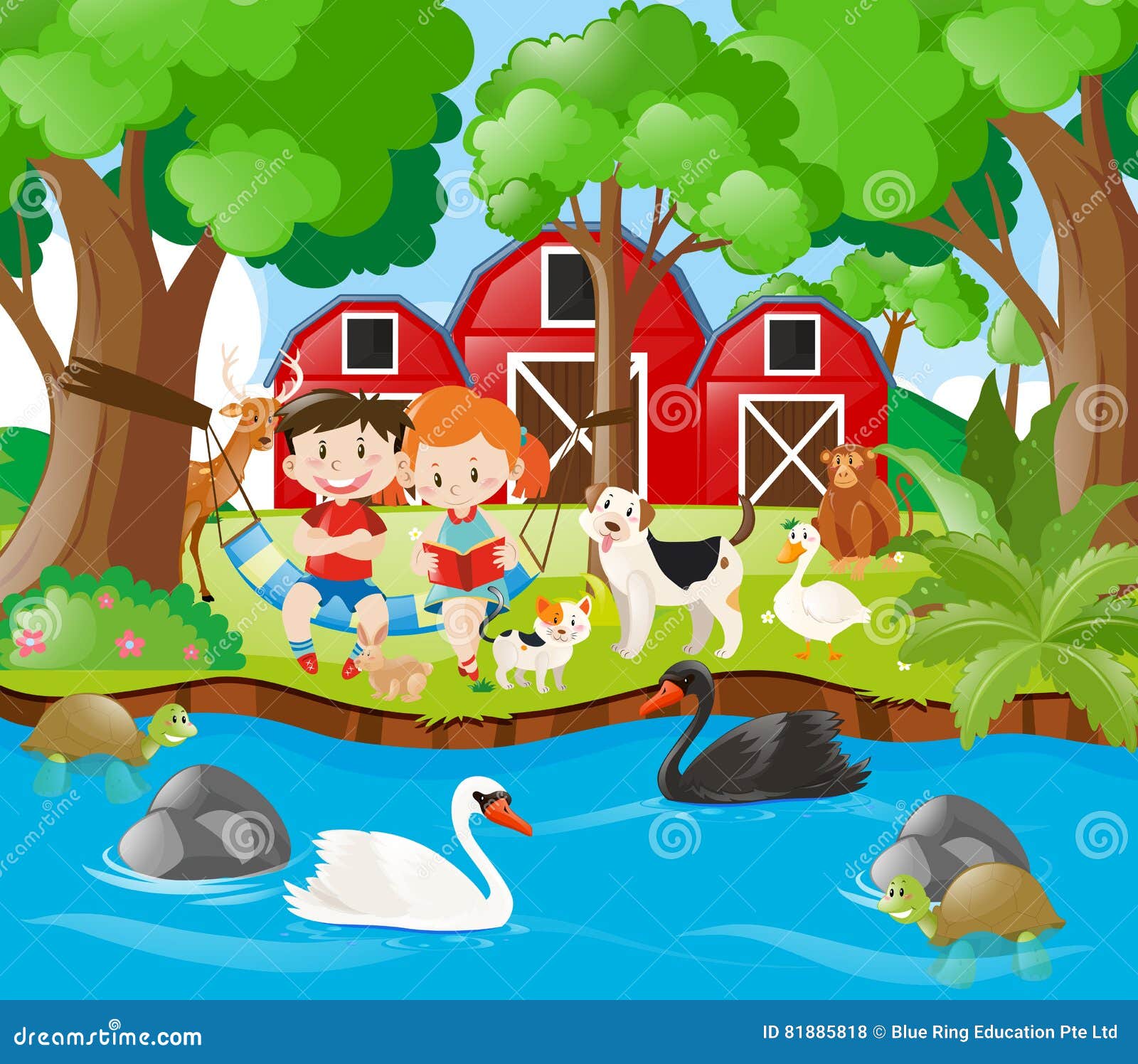 Farm Scene with Kids Reading by the River Stock Vector - Illustration ...