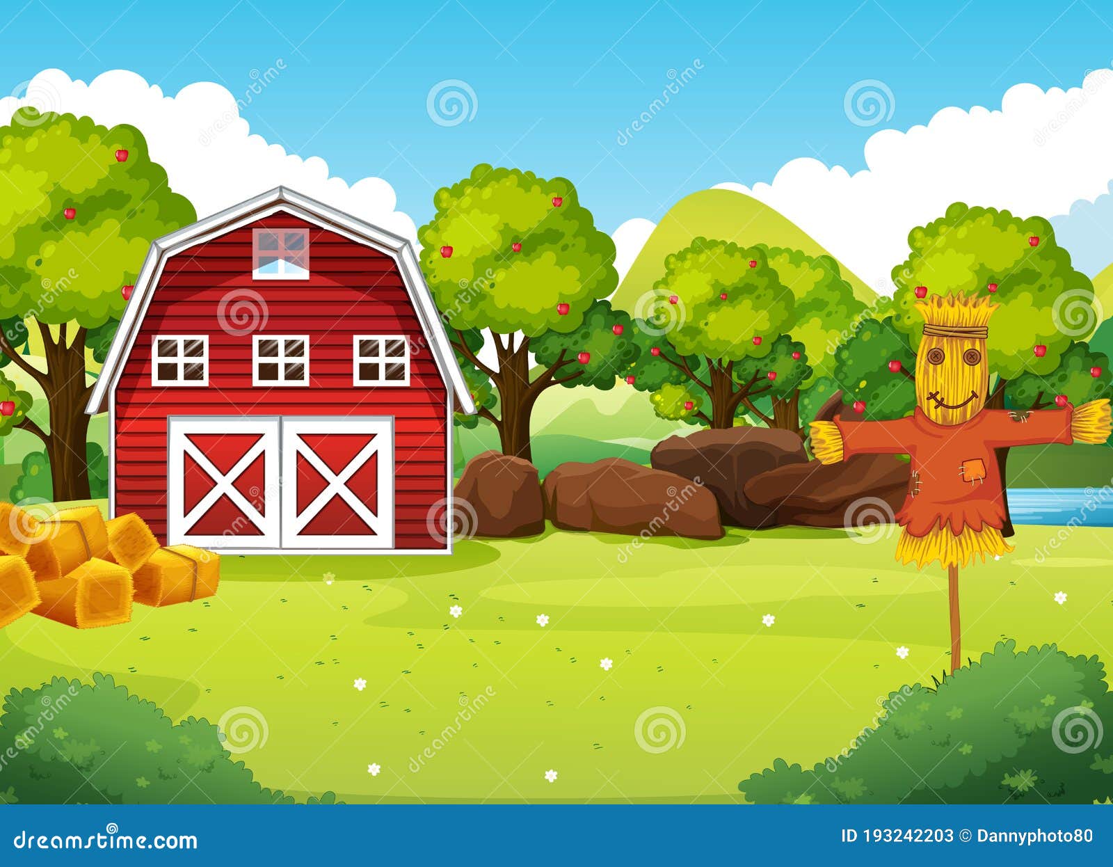 Farm Scene in Nature with Barn and Scarecrow Stock Vector ...