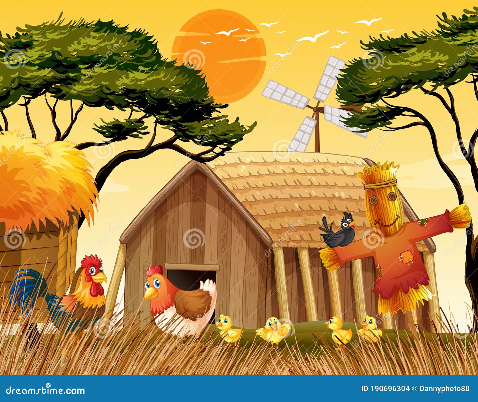 Farm Scene in Nature with Barn and Windmill and Chicken Stock Vector ...