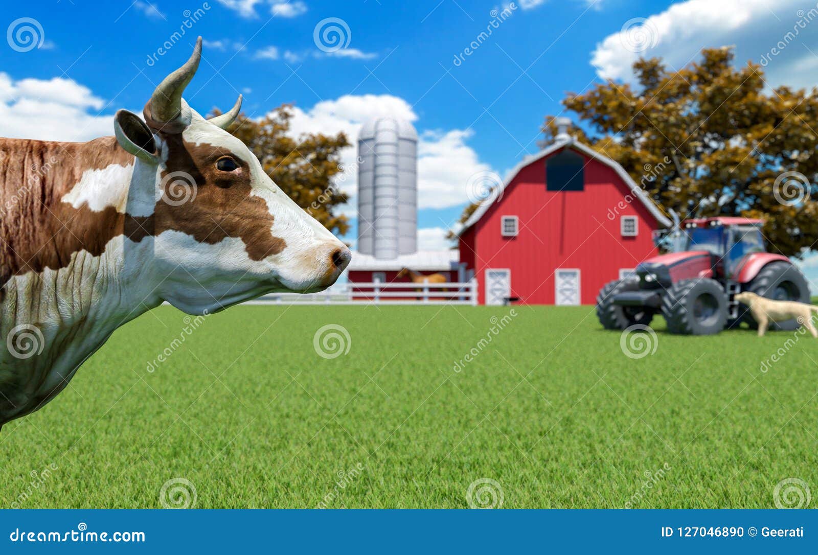 Farm Scene with Red Barn and Farm Animals Stock Photo - Image of meadow ...