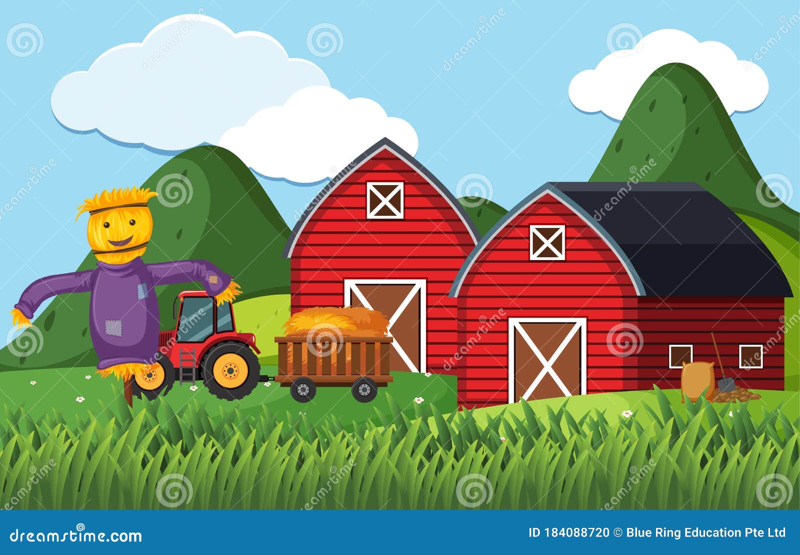 Farm Scene With Scarecrow And Tractor By The Barns Vector Illustration ...
