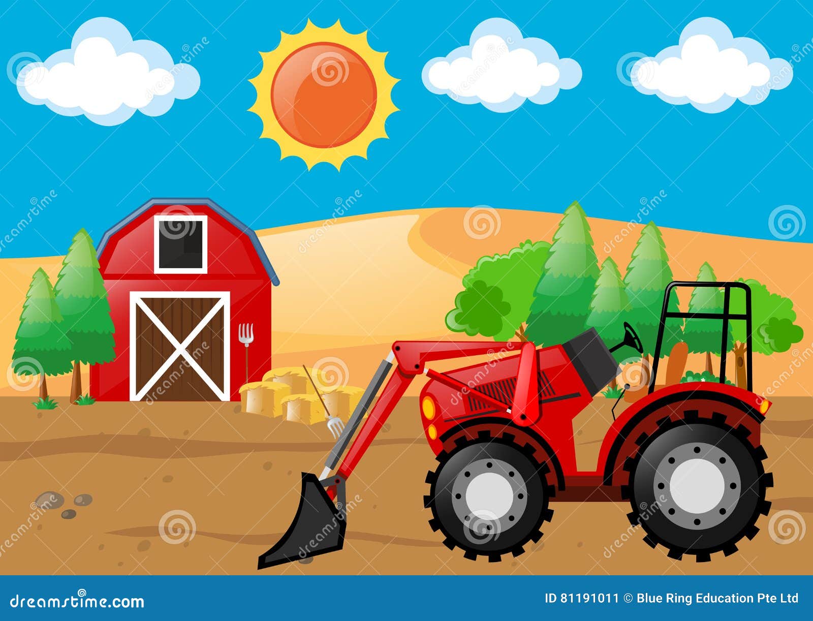 Farm Scene with Tractor and Barn Stock Illustration - Illustration of ...