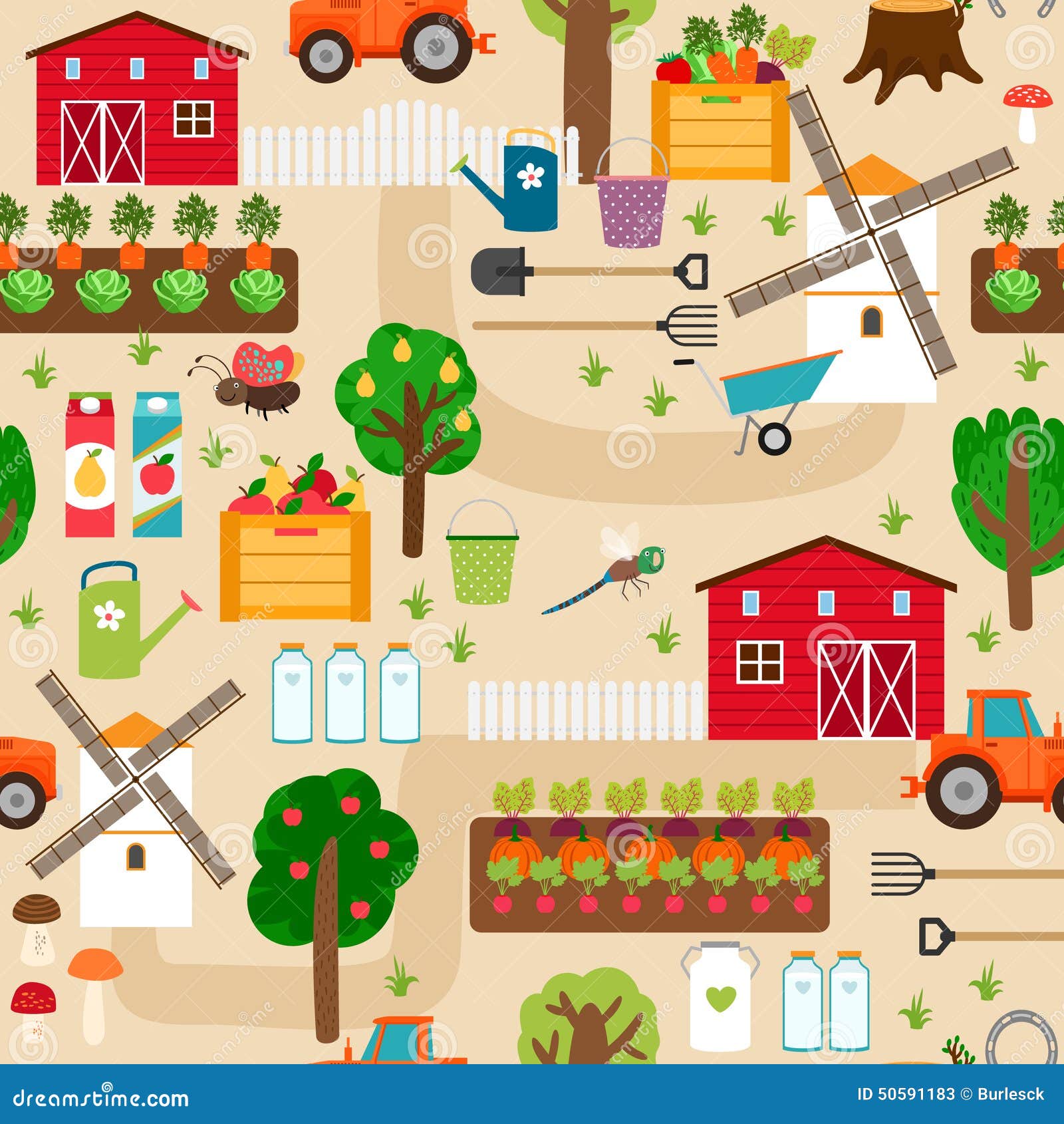 Farm Seamless Pattern with Tractor and Beds, Apple Stock Vector ...