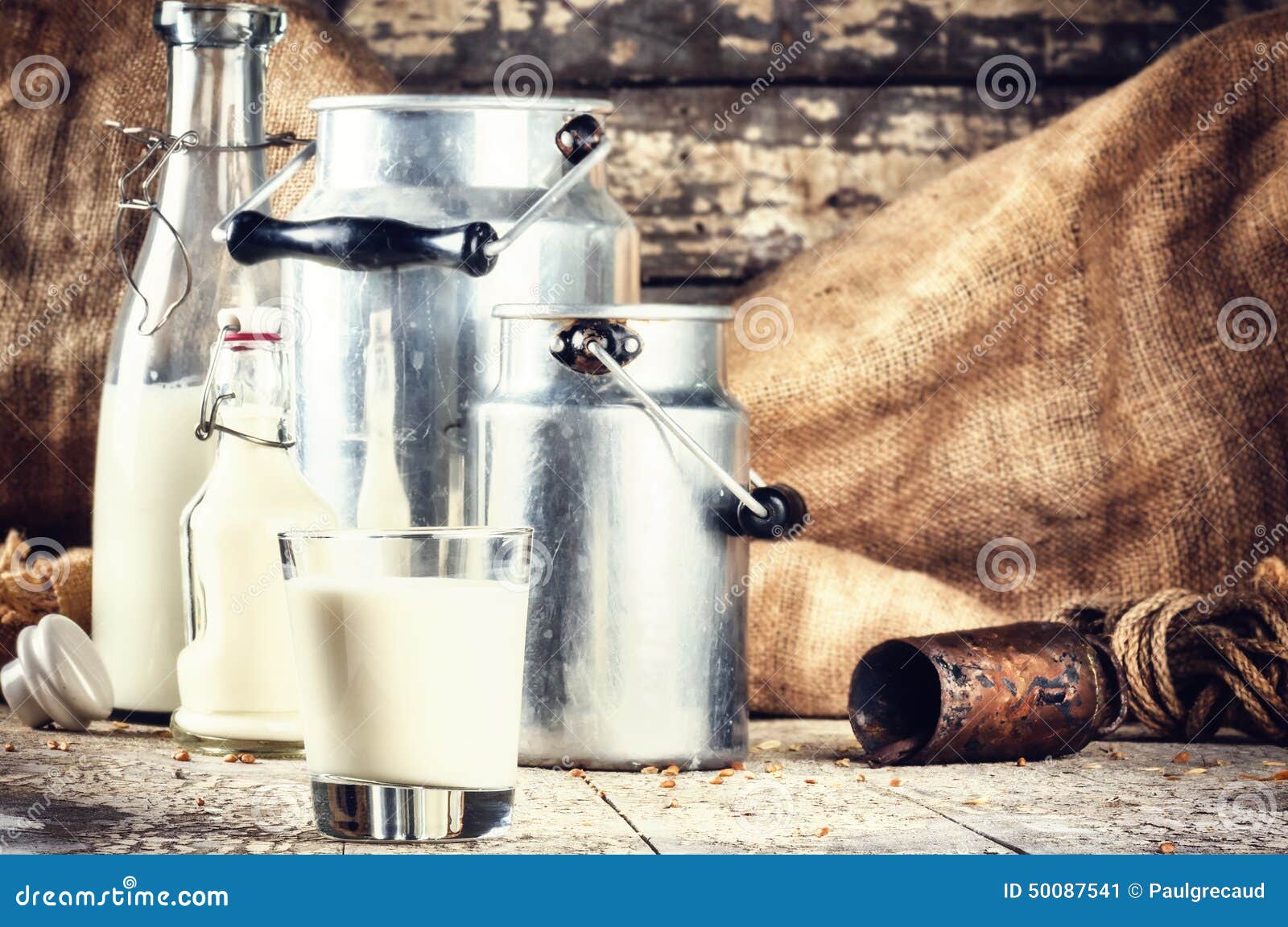 Farm Setting with Fresh Milk in Various Bottles Stock Image - Image of ...