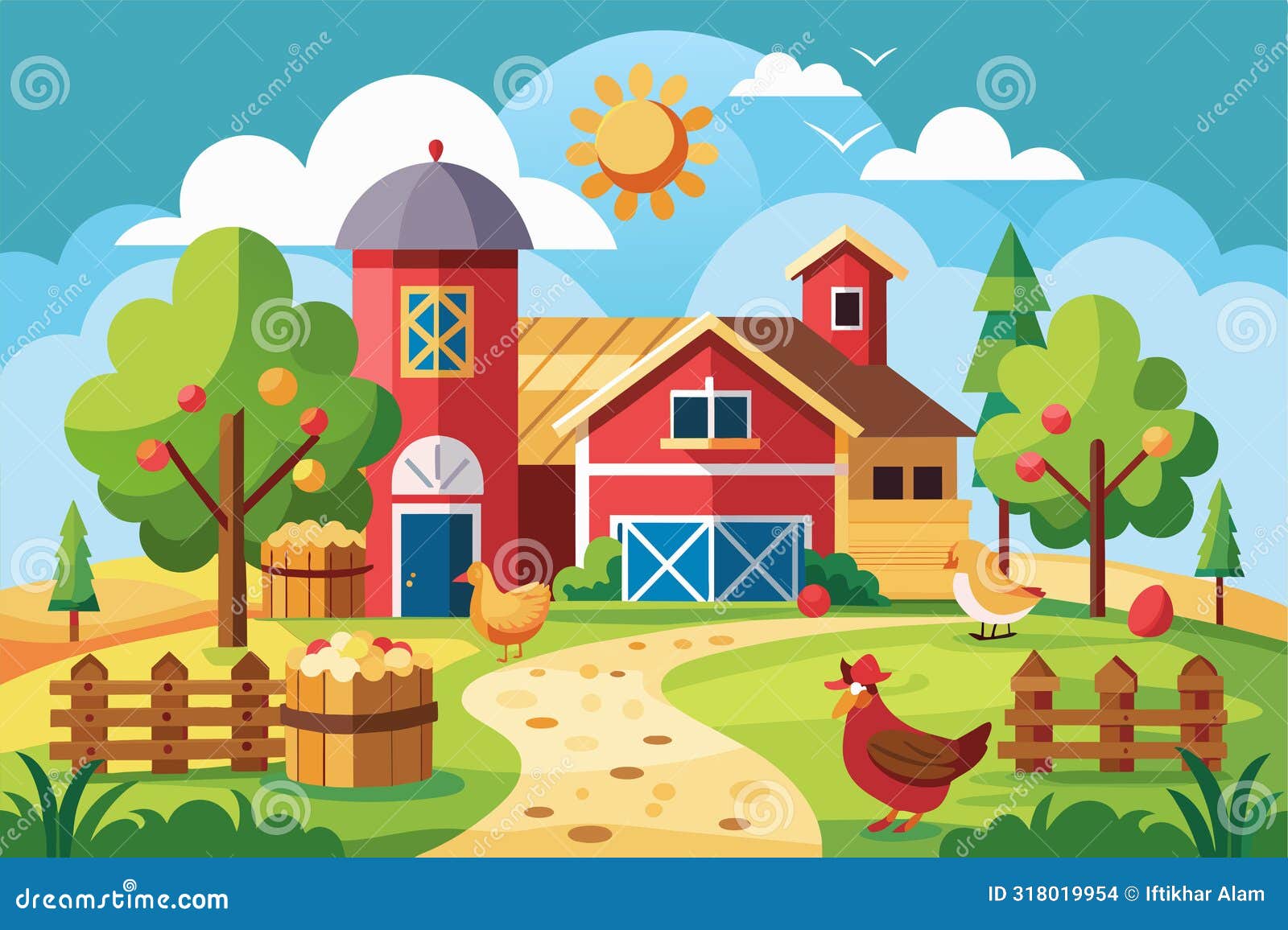 A Farm Setting with a Traditional Barn and Chickens Roaming Around ...
