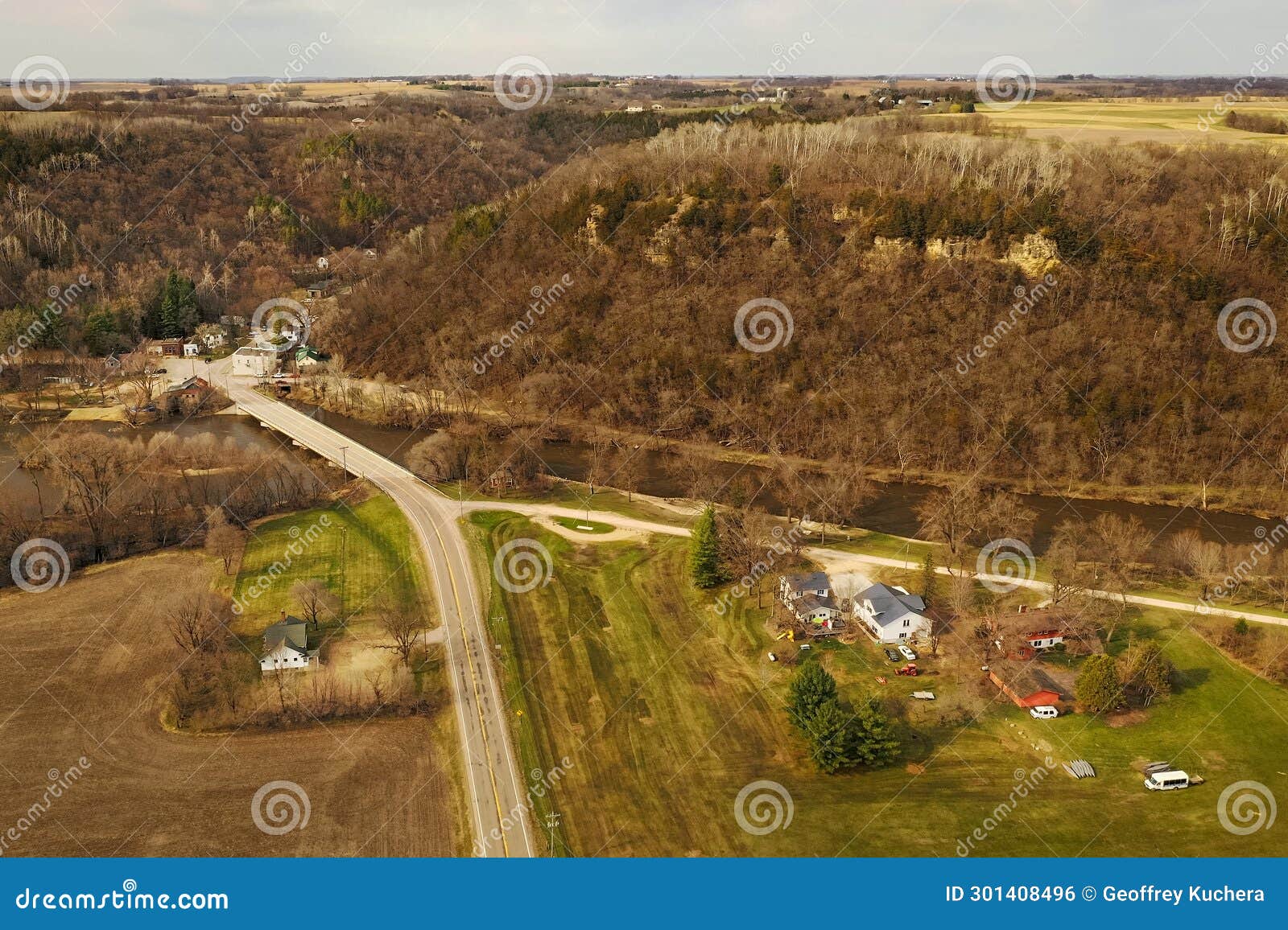Farm and Small River Town in Spring Stock Photo - Image of water ...