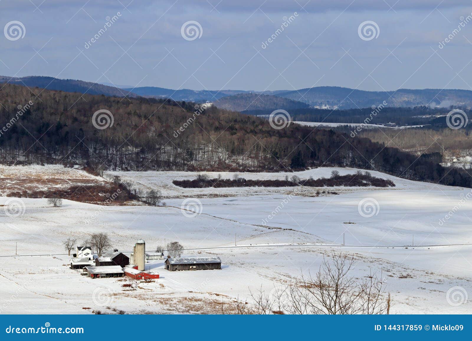 Farm and snowy fields stock image. Image of silo, mountains - 144317859